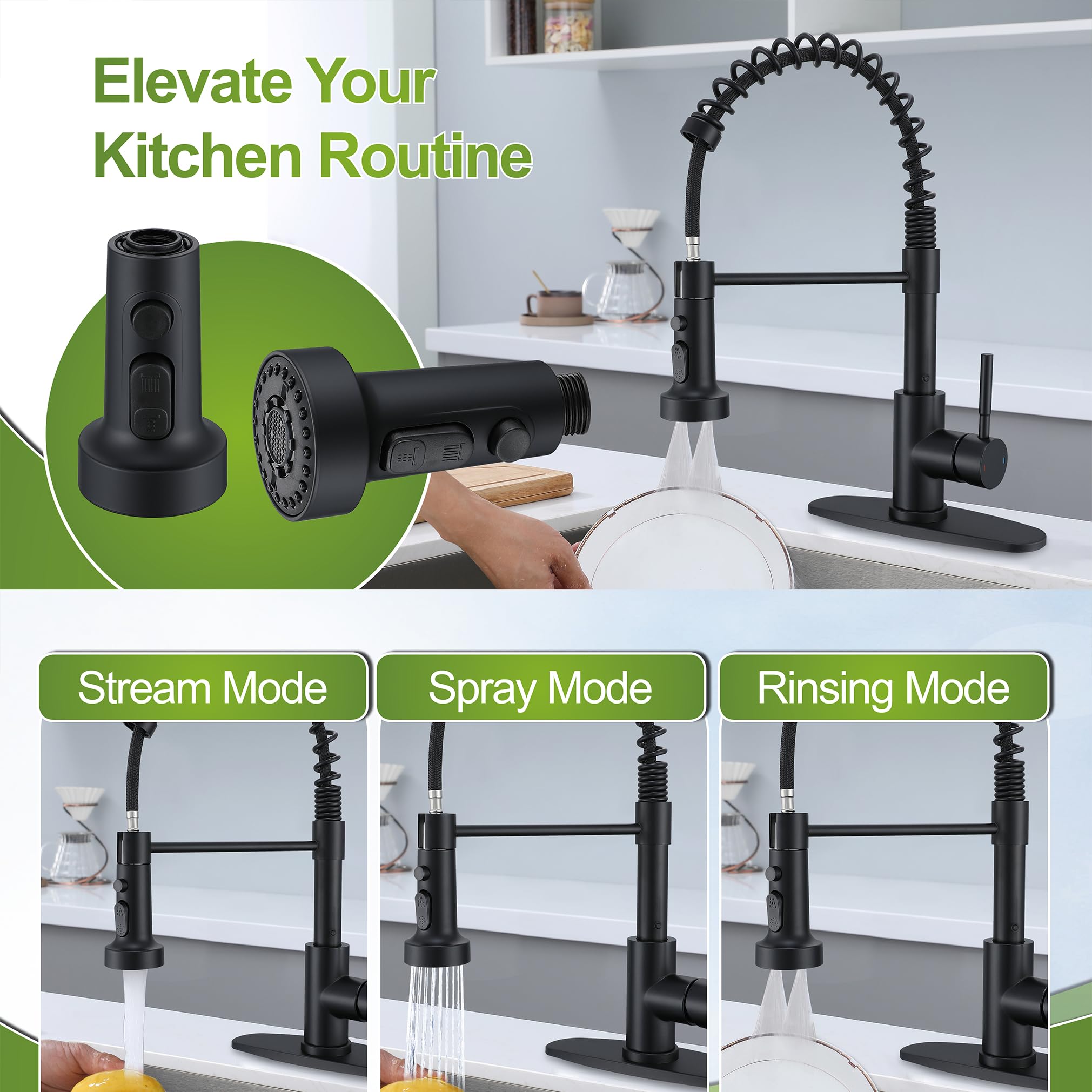 GCGWEQS Pull Down Faucet Replacement Head, 3 Functions Kitchen Faucet Sprayer Head, G 1/2 Pull Out Spray Head for Kitchen Faucet, Black Kitchen Sink Faucet Head