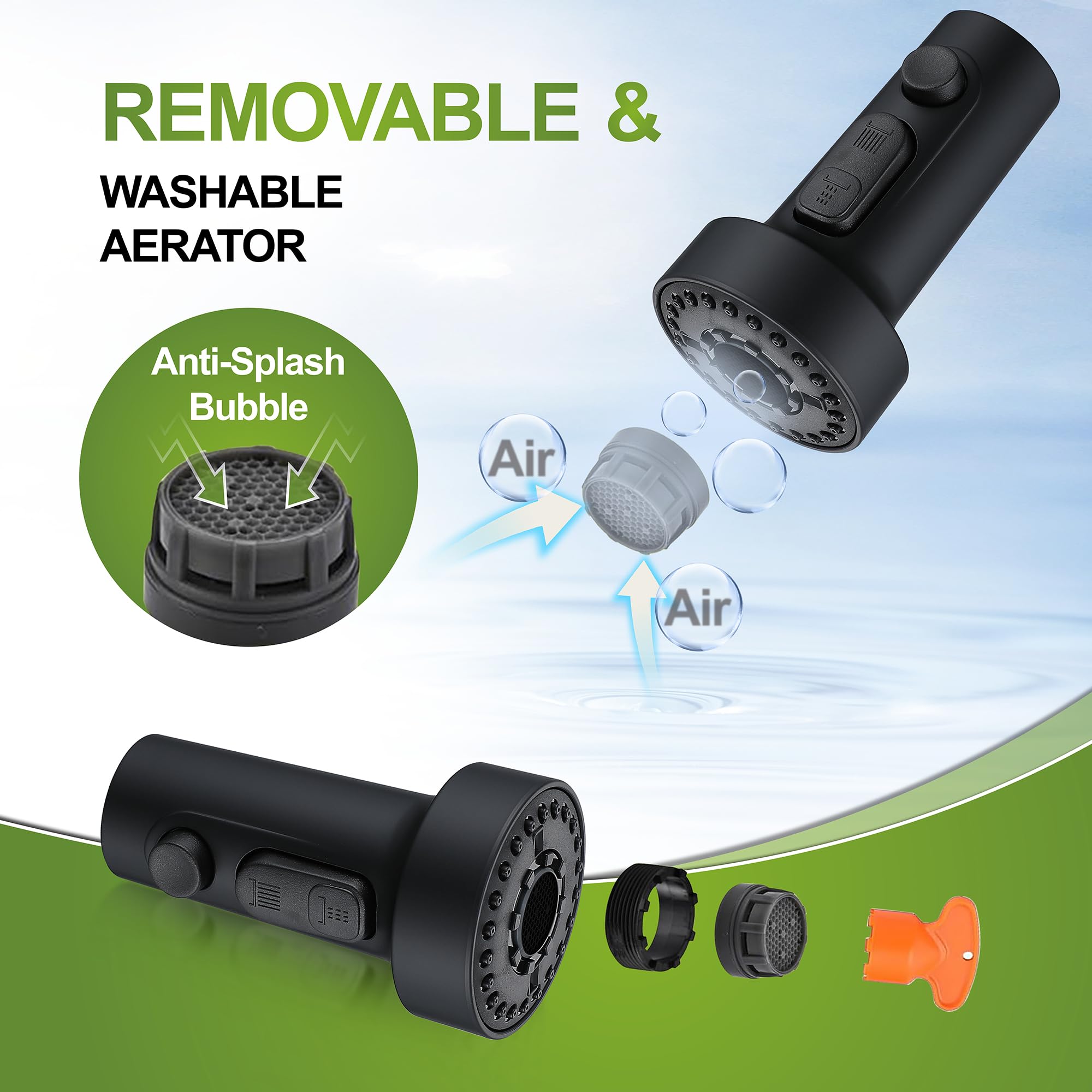 GCGWEQS Pull Down Faucet Replacement Head, 3 Functions Kitchen Faucet Sprayer Head, G 1/2 Pull Out Spray Head for Kitchen Faucet, Black Kitchen Sink Faucet Head