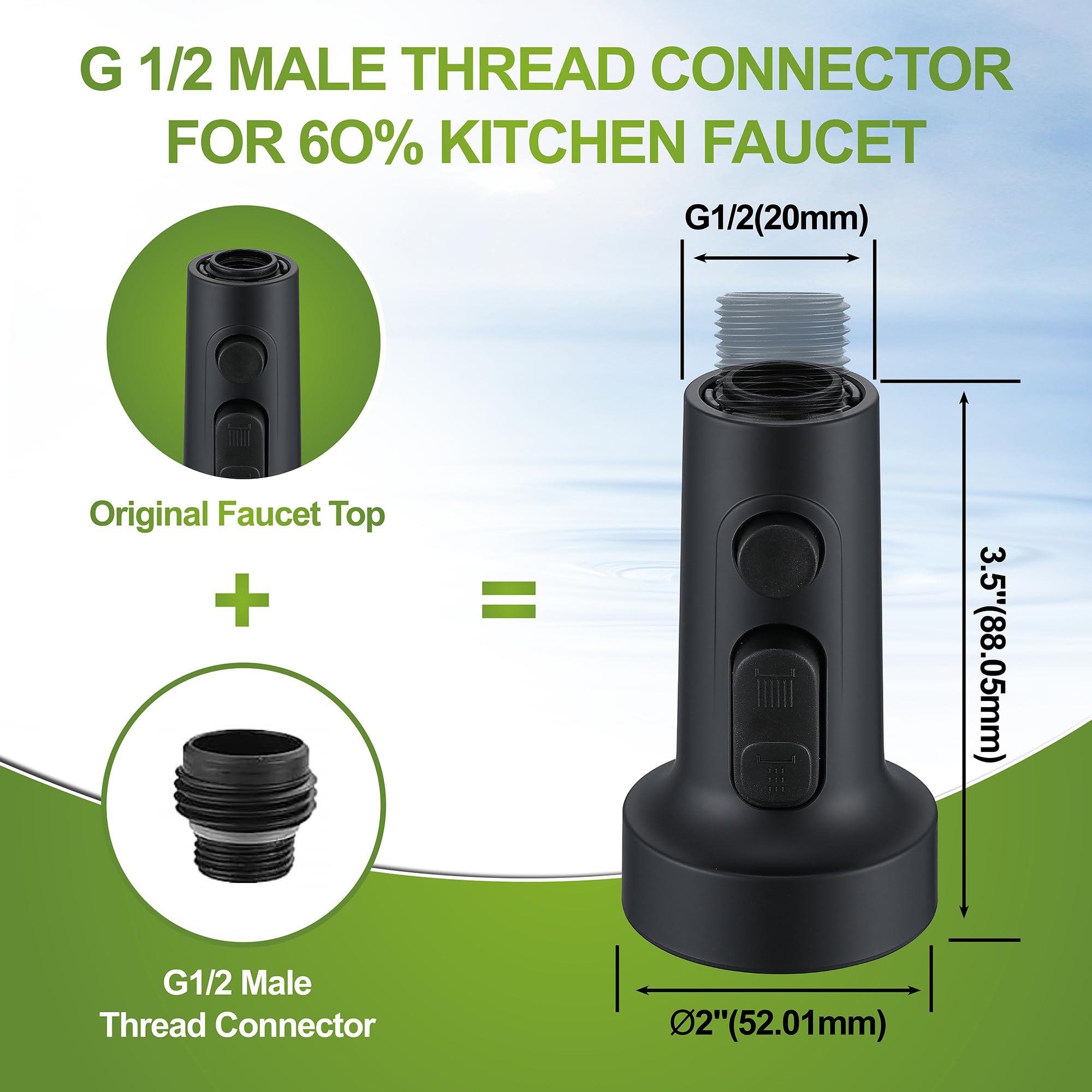 GCGWEQS Pull Down Faucet Replacement Head, 3 Functions Kitchen Faucet Sprayer Head, G 1/2 Pull Out Spray Head for Kitchen Faucet, Black Kitchen Sink Faucet Head