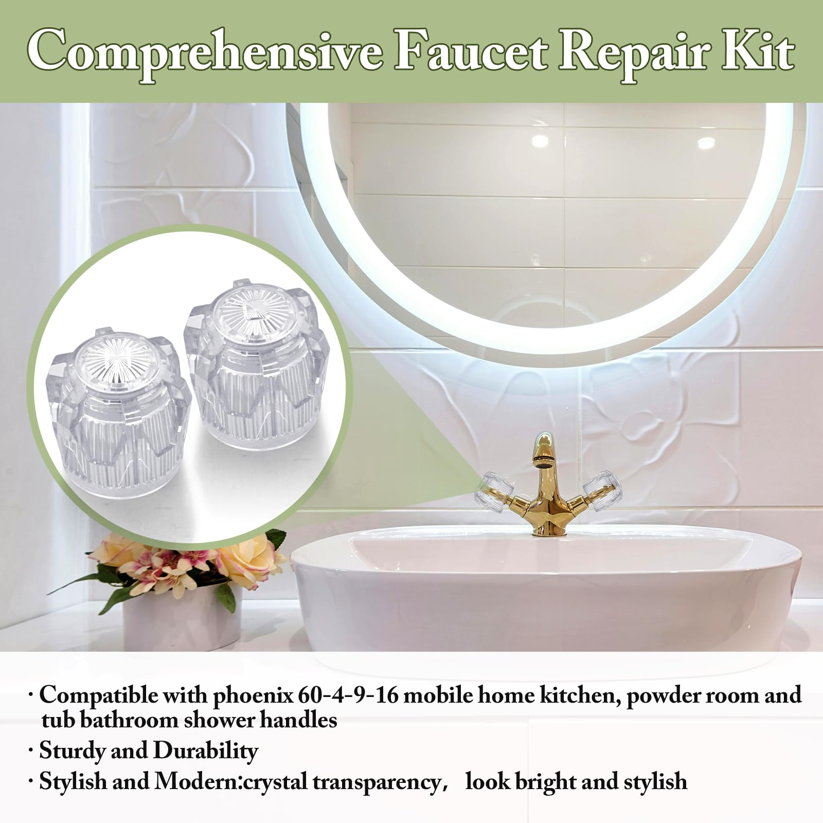 ZephyrJazz Shower Knob Replacement, Compatible with Phoenix Mobile Home Sink Tub Shower, Acrylic Bathtub Knobs Parts, Clear Faucet Handles with 17pt Spline Point Broach Center Hole(1 Pair)