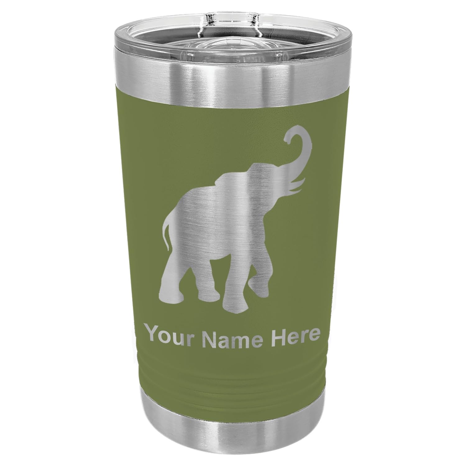 LaserGram 16oz Vacuum Insulated Pint Tumbler, Indian Elephant, Personalized Engraving Included (Camo Green)