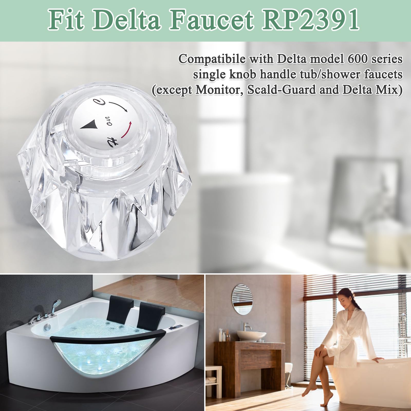 ZephyrJazz Faucet Handle Compatible with Delta Faucet RP2391, Single Clear Knob Handle Kit with Offset Hole for Shower/Tub, 2-1/2" x 2-1/8" Faucet Knob Replacement, Clear Acrylic Finish (1 Pack)