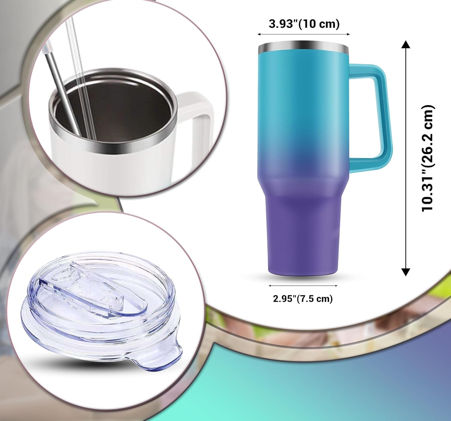 RAHATBEE 40 oz Tumbler with Handle and Straw Lid, 100% Leak-Proof Travel Coffee Mug, Reusable Stainless Steel Insulated Cup for Beverages, Keeps Cold for 34Hrs or Hot for 12Hrs (Blue-Purple)