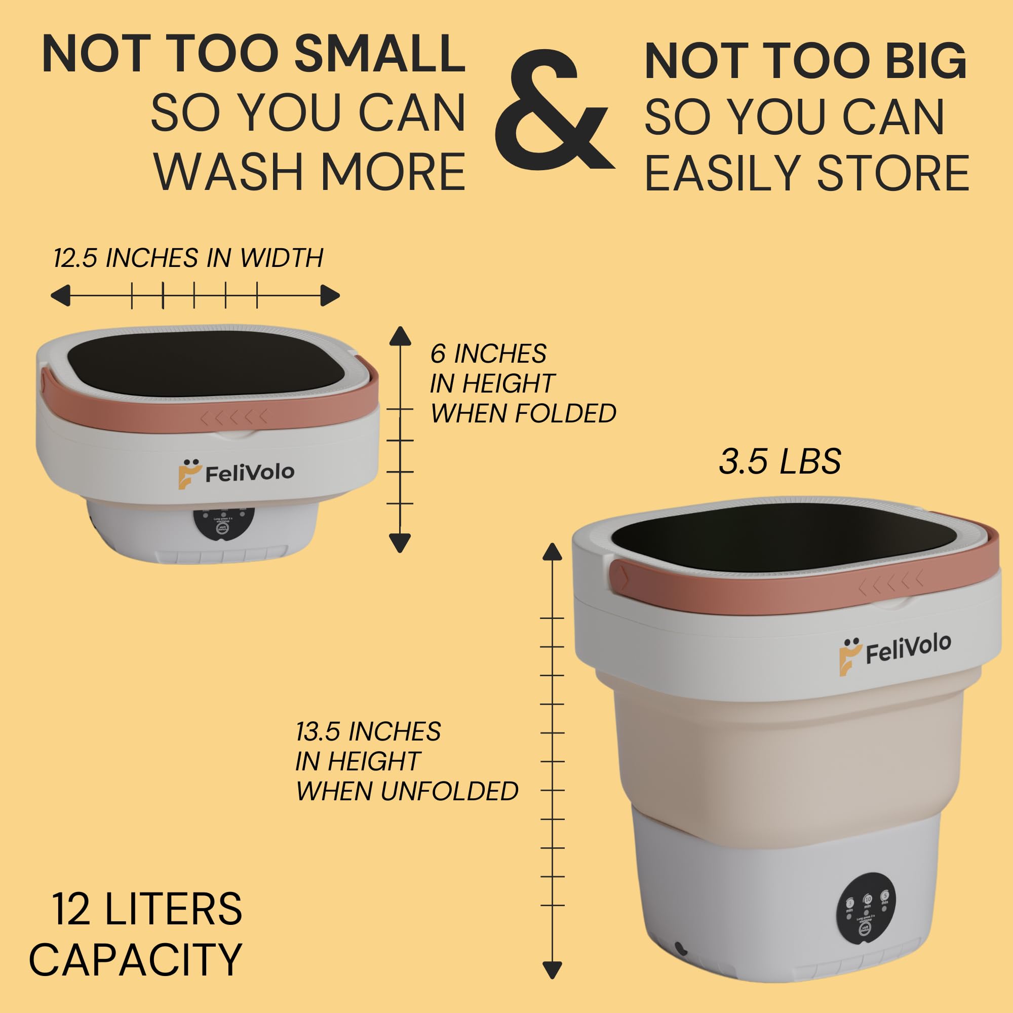 FeliVolo Portable Foldable Washing Machine, 12L, Premium Package – for Baby Clothes, Dog Diapers, Delicate Clothes, Undergarments, Best for Travelers, Students, Apartment, RV Owners, Campers, Workouts