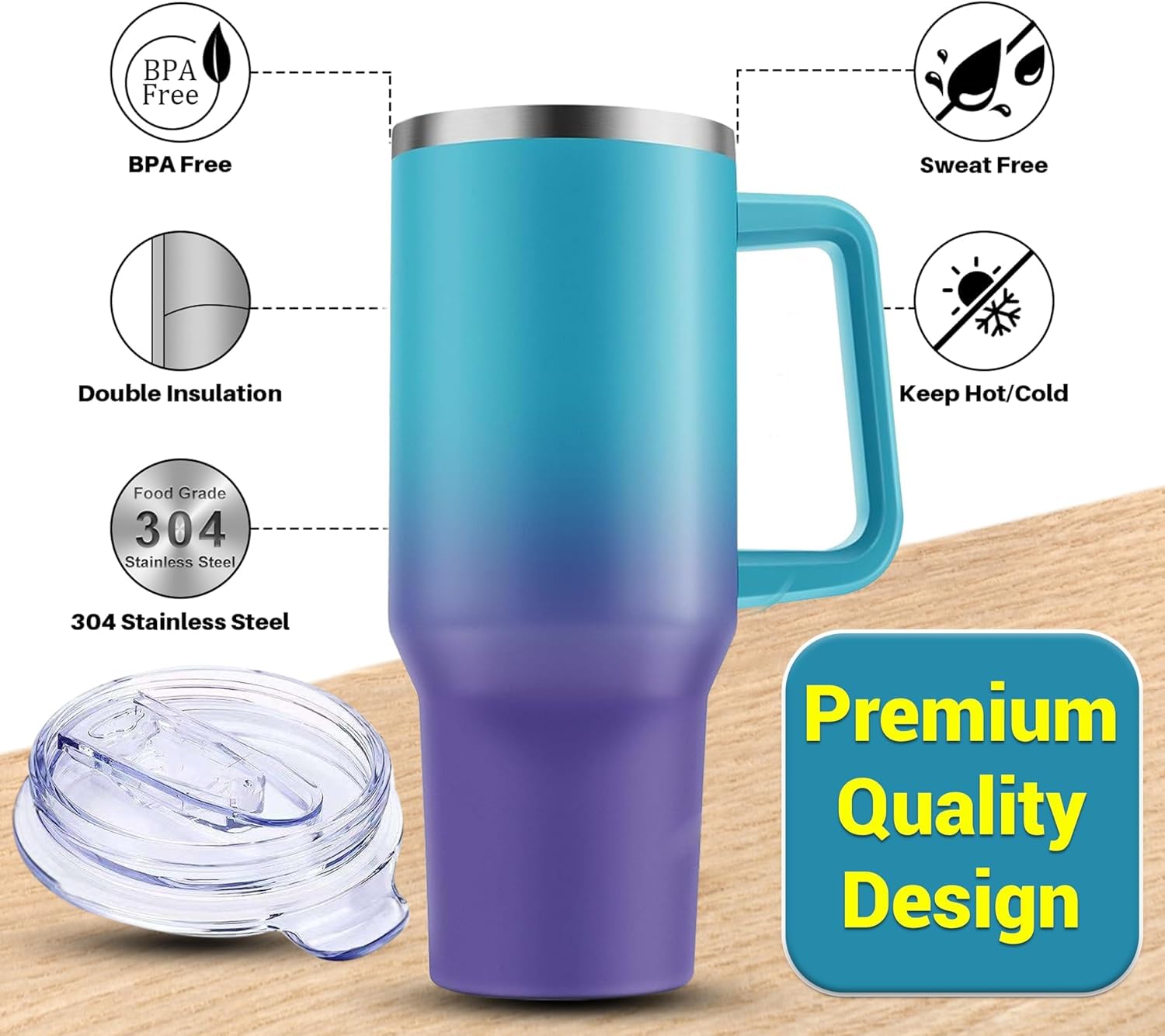 RAHATBEE 40 oz Tumbler with Handle and Straw Lid, 100% Leak-Proof Travel Coffee Mug, Reusable Stainless Steel Insulated Cup for Beverages, Keeps Cold for 34Hrs or Hot for 12Hrs (Blue-Purple)