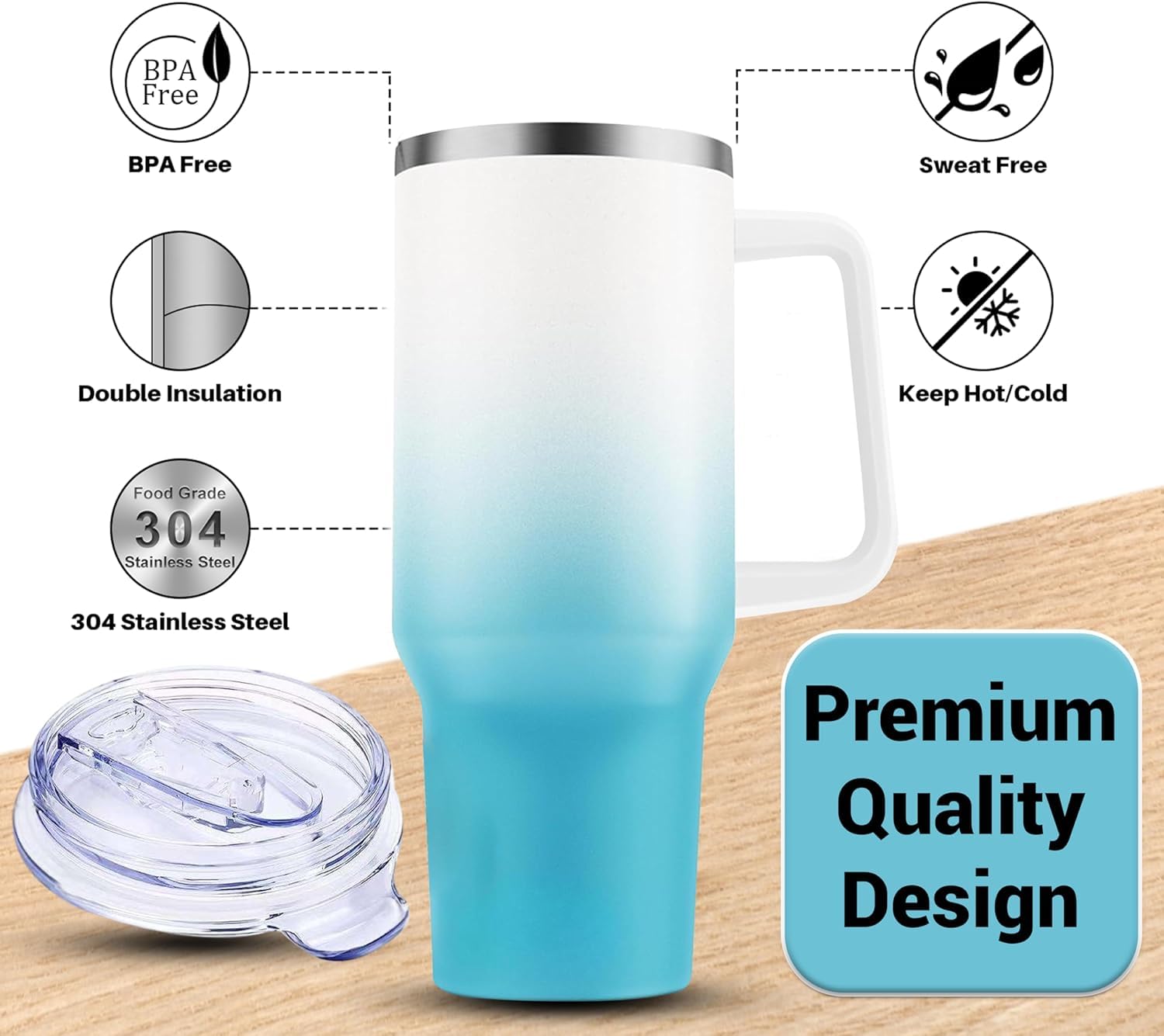 RAHATBEE 40 oz Tumbler with Handle and Straw Lid, 100% Leak-Proof Travel Coffee Mug, Reusable Stainless Steel Insulated Cup for Beverages, Keeps Cold for 34Hrs or Hot for 12Hrs (White-Blue)
