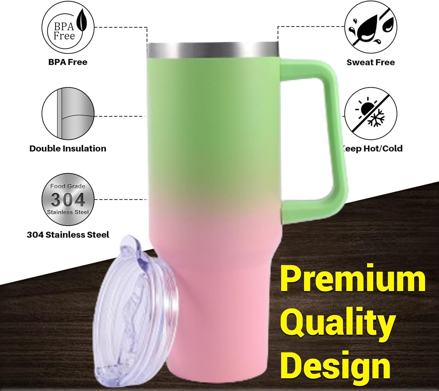 RAHATBEE 40 oz Tumbler with Handle and Straw Lid, 100% Leak-Proof Travel Coffee Mug, Reusable Stainless Steel Insulated Cup for Beverages, Keeps Cold for 34Hrs or Hot for 12Hrs (LG-Pink)