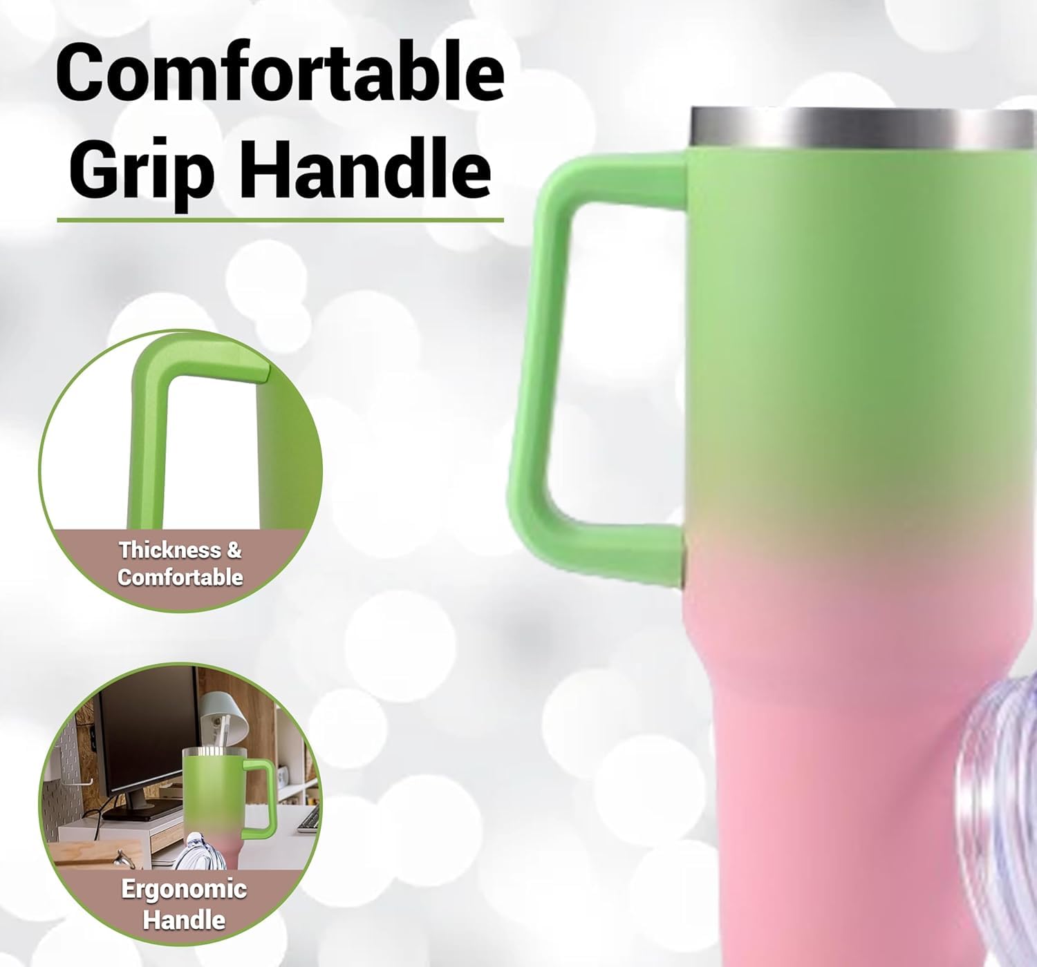 RAHATBEE 40 oz Tumbler with Handle and Straw Lid, 100% Leak-Proof Travel Coffee Mug, Reusable Stainless Steel Insulated Cup for Beverages, Keeps Cold for 34Hrs or Hot for 12Hrs (LG-Pink)