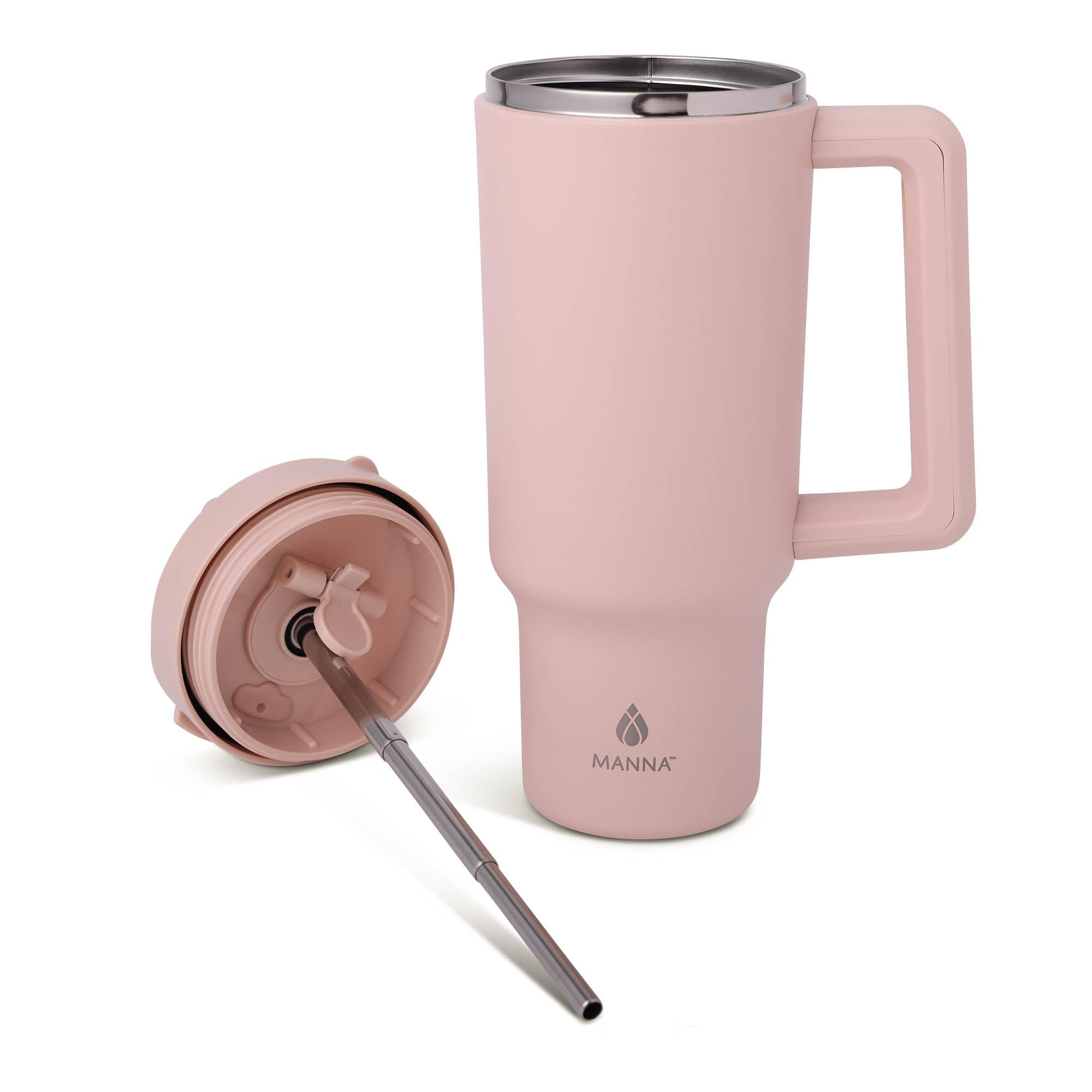 Manna Stainless Steel Double Wall Insulated Tumbler with Smart Seal Dual Sip Lid and Straw Fit Handle - 40 Oz - Rose Quartz Powder Coat