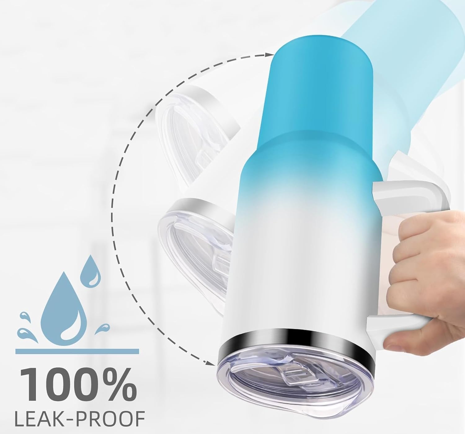 RAHATBEE 40 oz Tumbler with Handle and Straw Lid, 100% Leak-Proof Travel Coffee Mug, Reusable Stainless Steel Insulated Cup for Beverages, Keeps Cold for 34Hrs or Hot for 12Hrs (White-Blue)