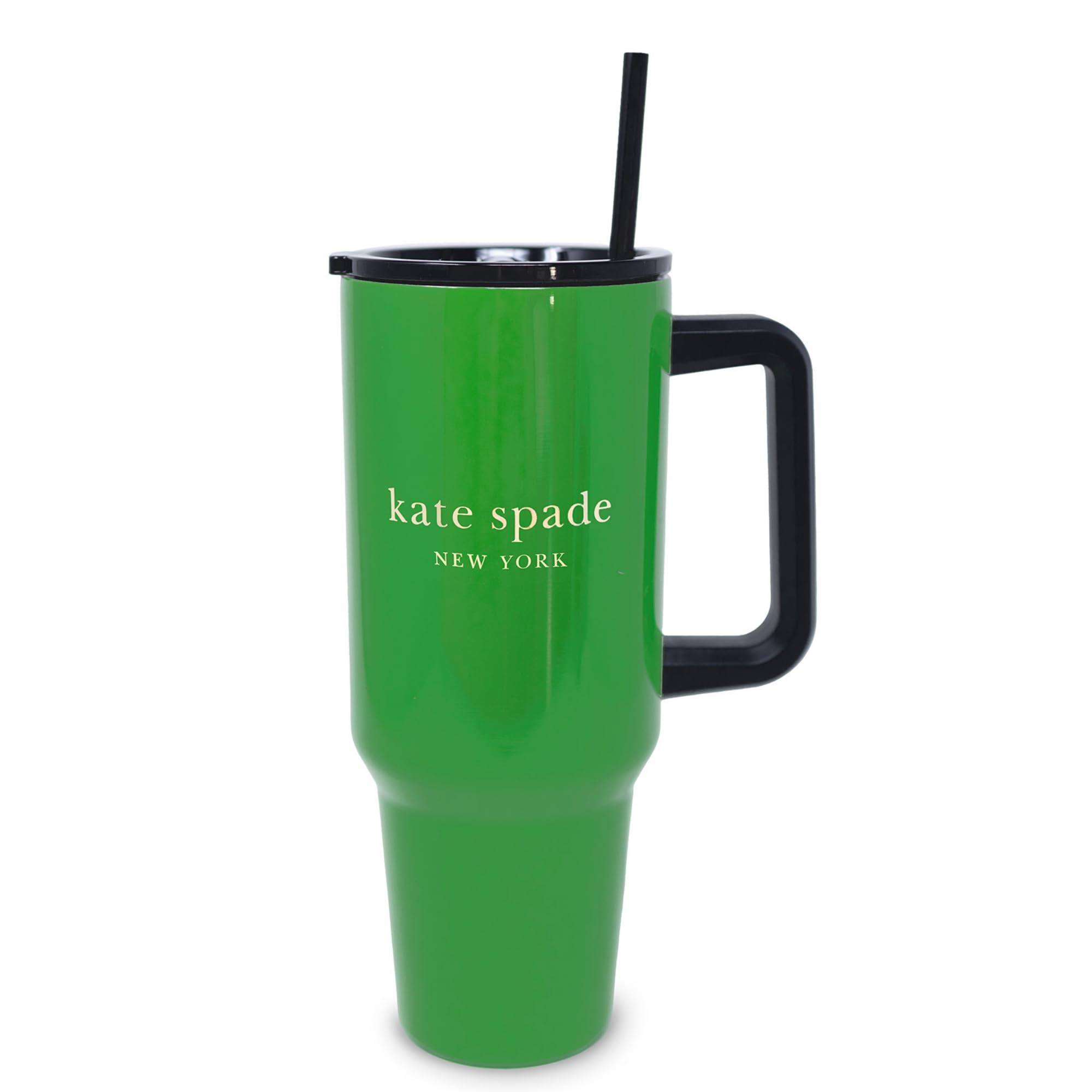 kate spade new york 40 Ounce Tumbler with Handle and Straw, Cupholder Friendly, Double Wall Stainless Steel Insulated Cup, Green
