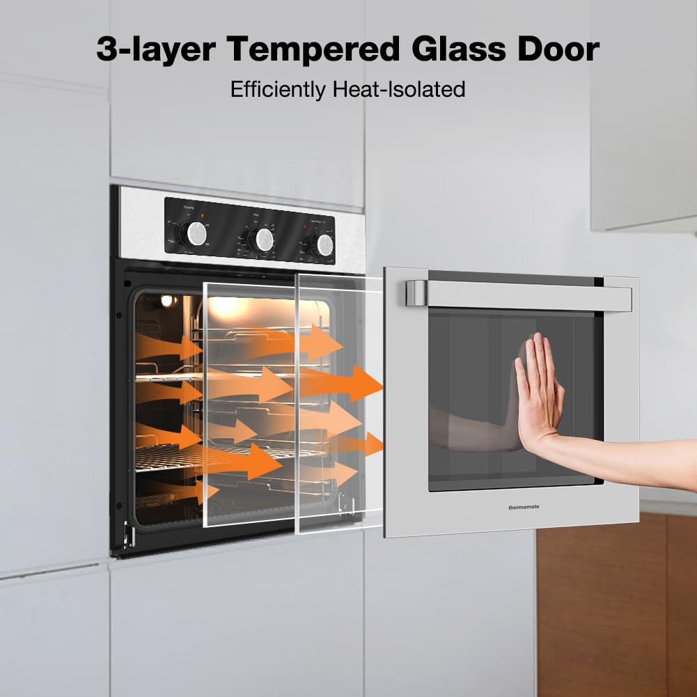 24" Single Wall Oven, ETL Certified, ThermoMate 2.79 Cu. Ft. Built-in Electric Oven with 5 Cooking Functions, Electric Wall Ovens with Stainless Steel Finish, Mechanical Knobs Control