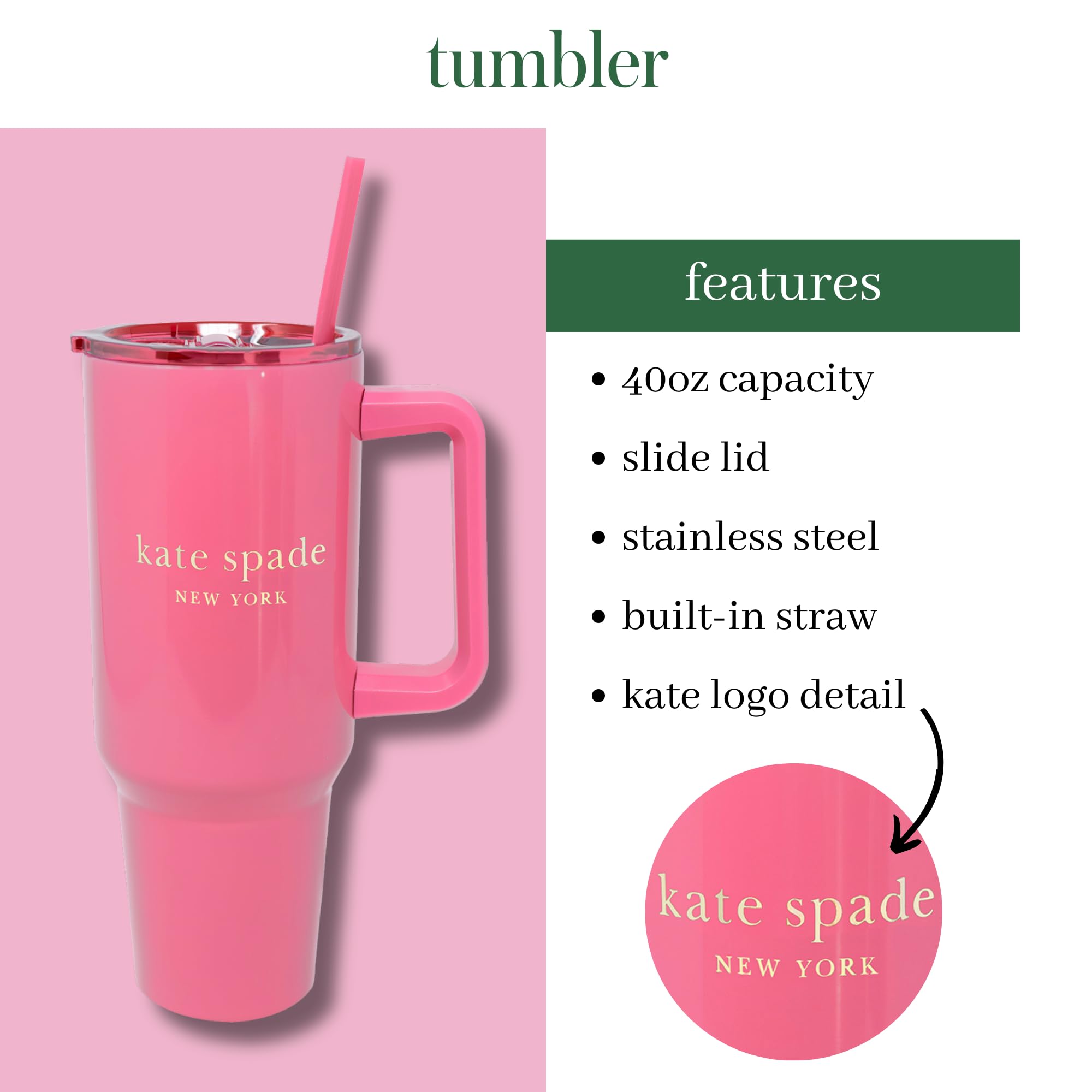 kate spade new york 40 Ounce Tumbler with Handle and Straw, Cupholder Friendly, Double Wall Stainless Steel Insulated Cup, Pink