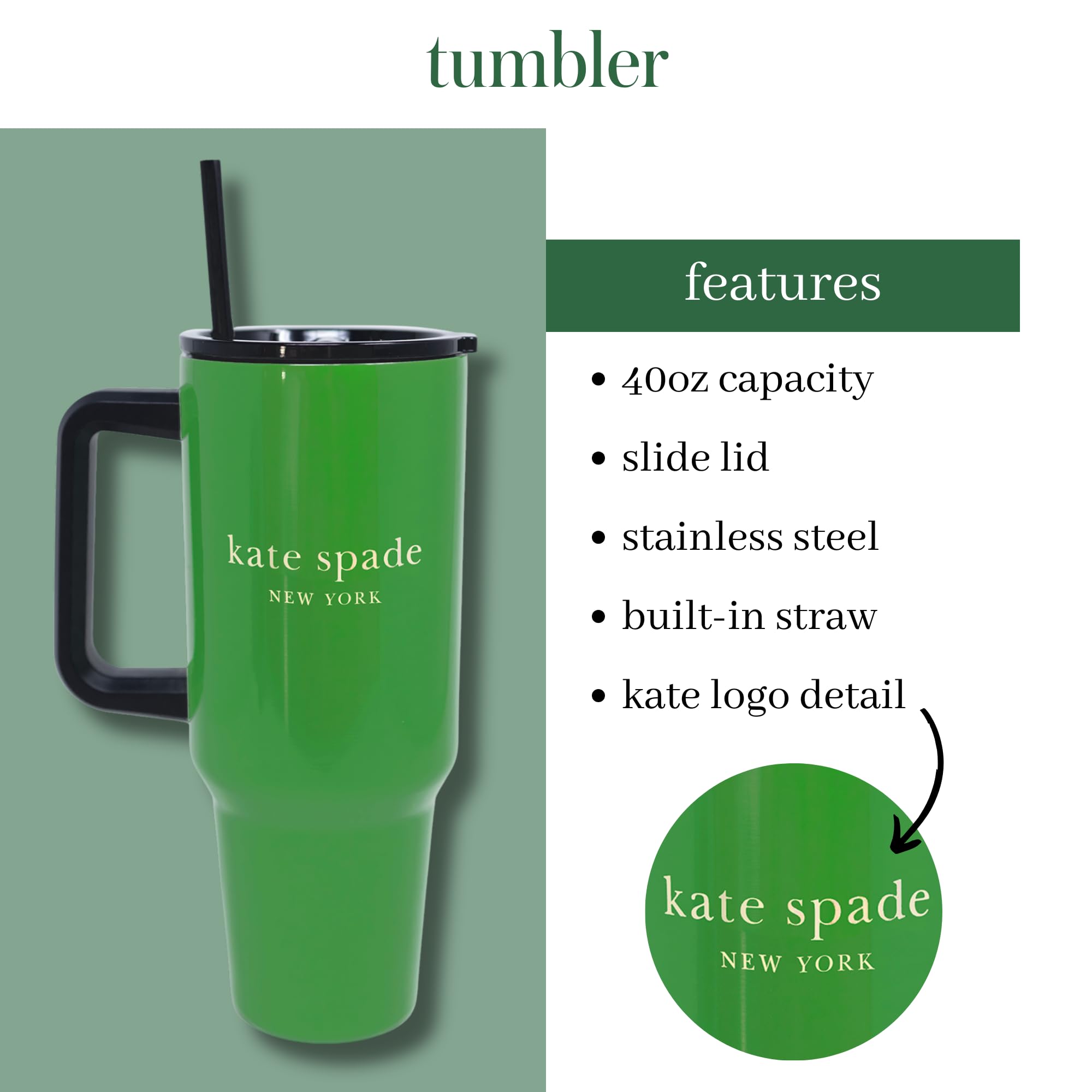 kate spade new york 40 Ounce Tumbler with Handle and Straw, Cupholder Friendly, Double Wall Stainless Steel Insulated Cup, Green