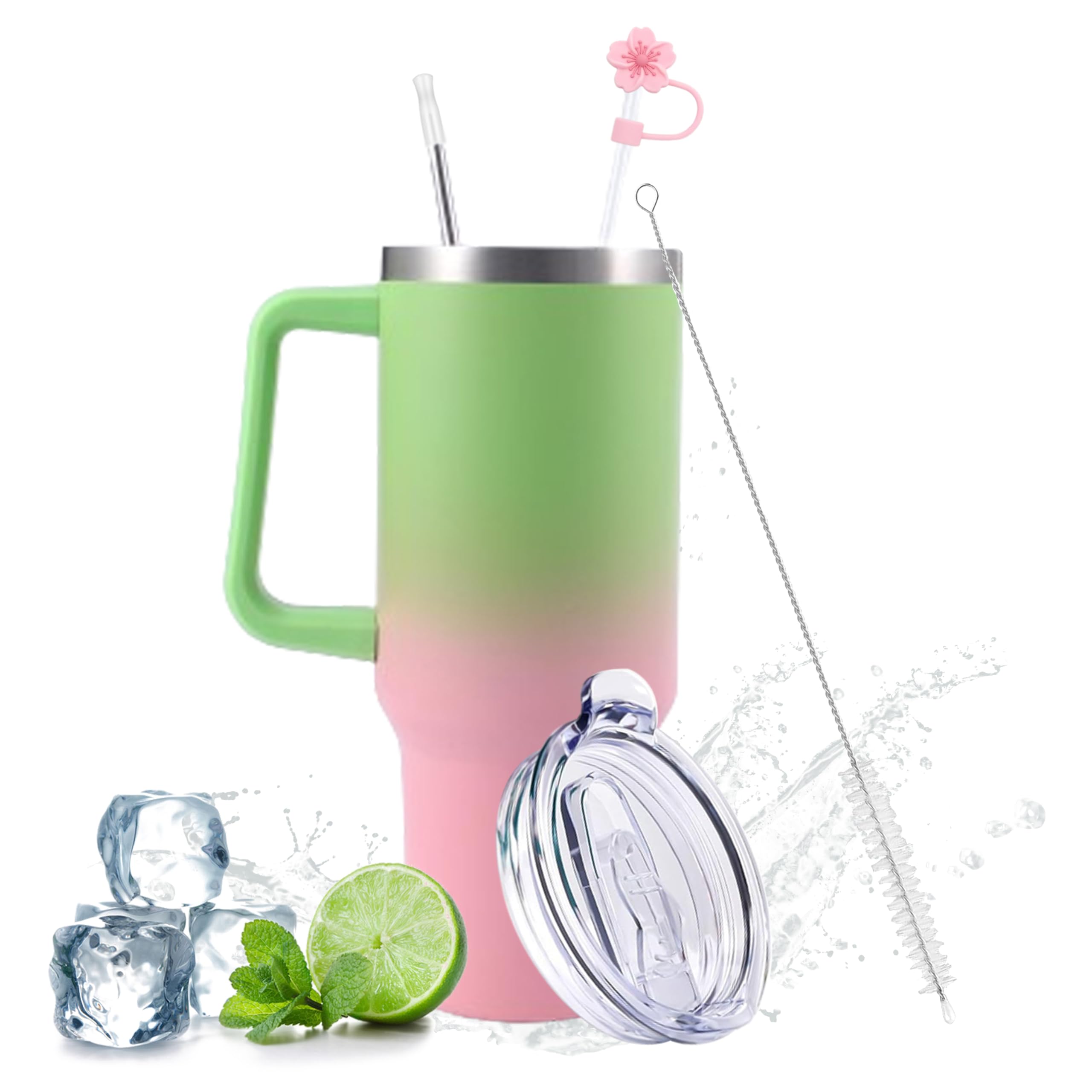 RAHATBEE 40 oz Tumbler with Handle and Straw Lid, 100% Leak-Proof Travel Coffee Mug, Reusable Stainless Steel Insulated Cup for Beverages, Keeps Cold for 34Hrs or Hot for 12Hrs (LG-Pink)