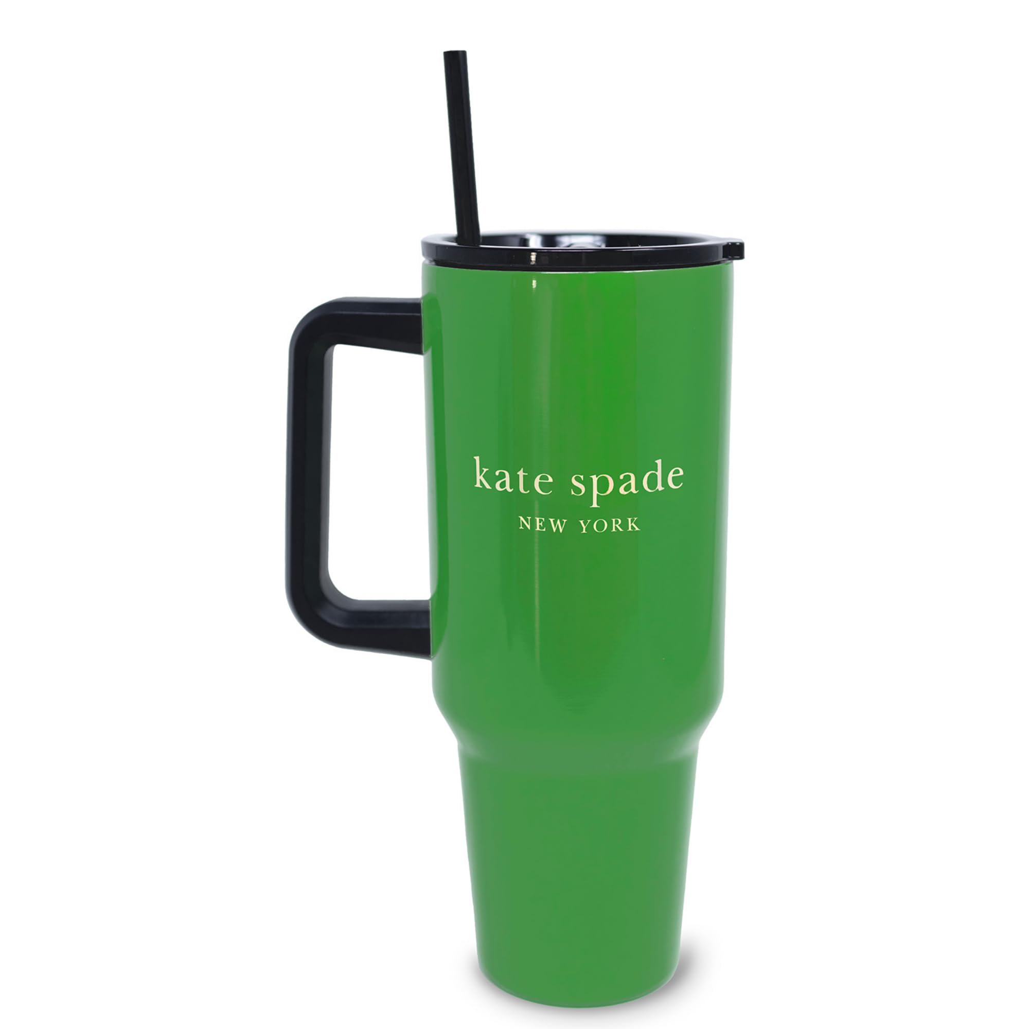 kate spade new york 40 Ounce Tumbler with Handle and Straw, Cupholder Friendly, Double Wall Stainless Steel Insulated Cup, Green