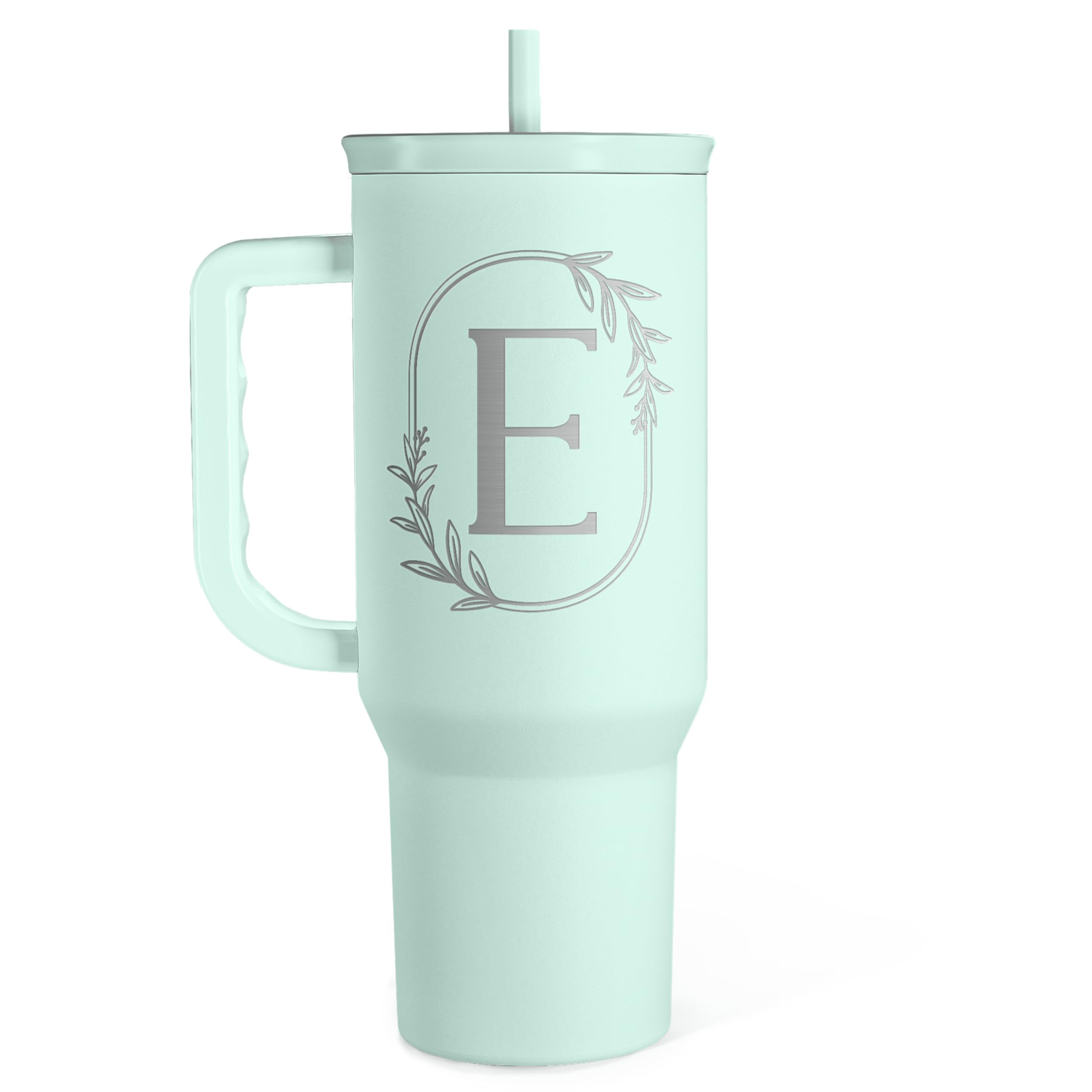 Personalized Monogrammed Tumbler with Handle 40oz, Letter E Tumblers Insulated Coffee Travel Cup, Custom Initial Gift for Women Girls Friends, Monogram Gift for Christmas Birthday Mothers Day