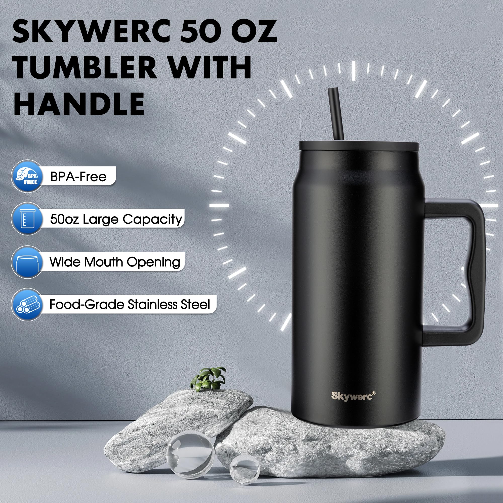 Skywerc 50 oz Tumbler with Handle, Vacuum Insulated Water Bottle with Lid and Straw, Stainless Steel Double Wall Travel Jug Coffee Mug, Keep Cold for 36H, 100% Leak-proof, Non-slip Base - Azure
