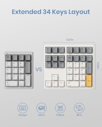 FJÄDRAR Mechanical Number Pad, 34 Key Hot Swappable Numpad with Gateron Brown Switches, USB Wired Numeric Keypad with PBT Keycaps White Backlit Number Pad for Laptop, MacBook,PC Desktop
