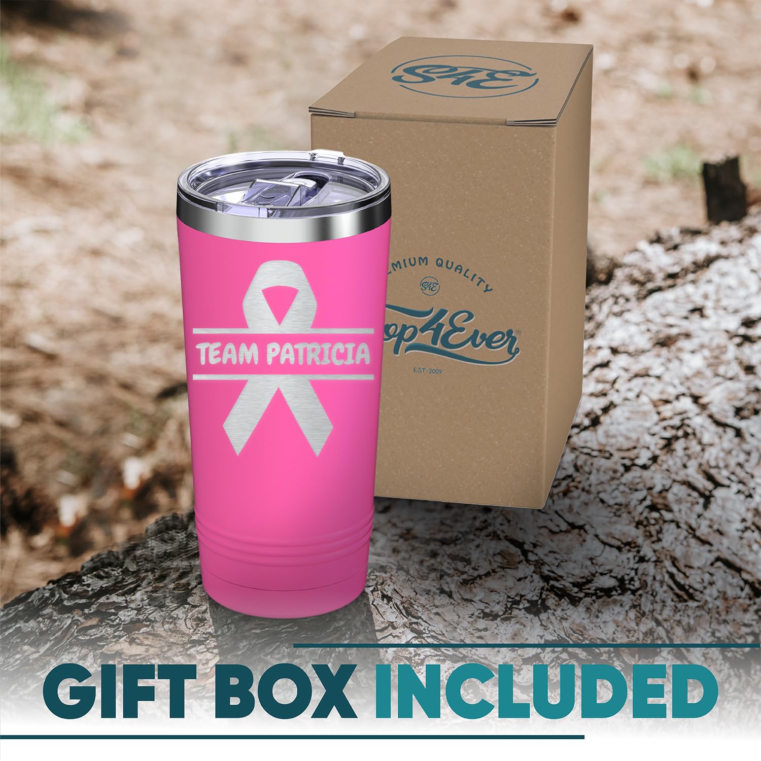 Personalized Custom Breast Cancer Ribbon Your Name Insulated Tumblers 20 oz. with Lid, Stainless Steel Cups Travel Coffee Mug (Pink)