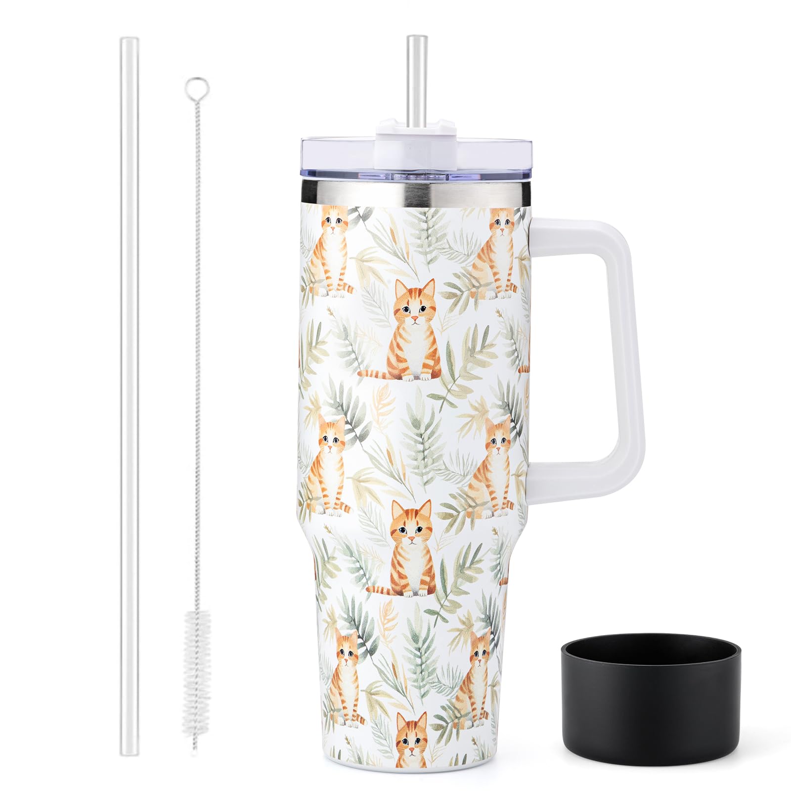 40 oz Tumbler with Handle and Straw, Cat Insulated Travel Mug Iced Coffee Cup, Reusable Stainless Steel Insulated Water Bottle, Keeps Drinks Cold for 34 Hours, Dishwasher Safe, BPA Free