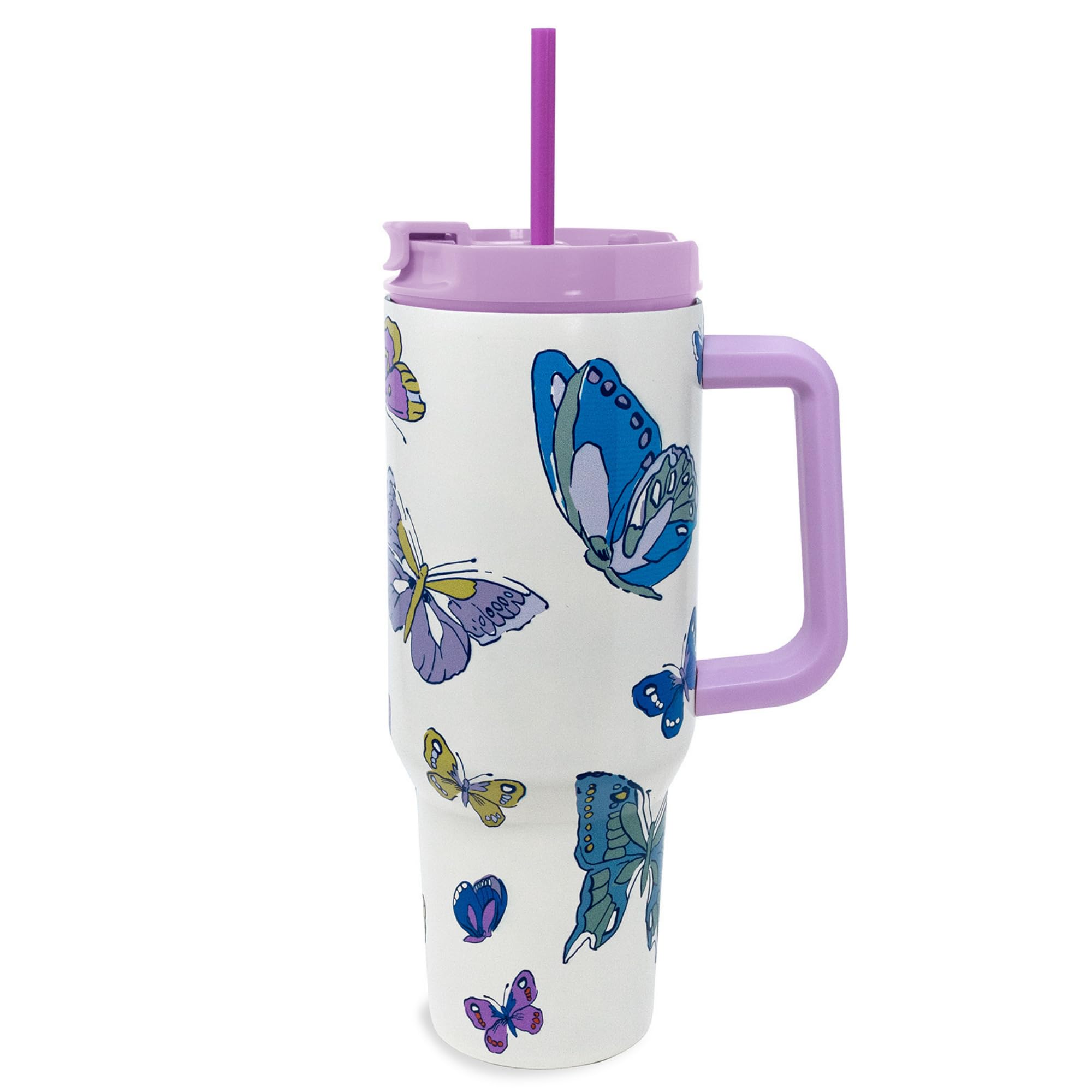 Vera Bradley 40 Ounce Tumbler with Handle and Straw, Double Wall Stainless Steel Insulated Tumbler, Cupholder Friendly 40 oz Cup, Metal Tumbler for Hot or Cold Drinks (Wing Study)