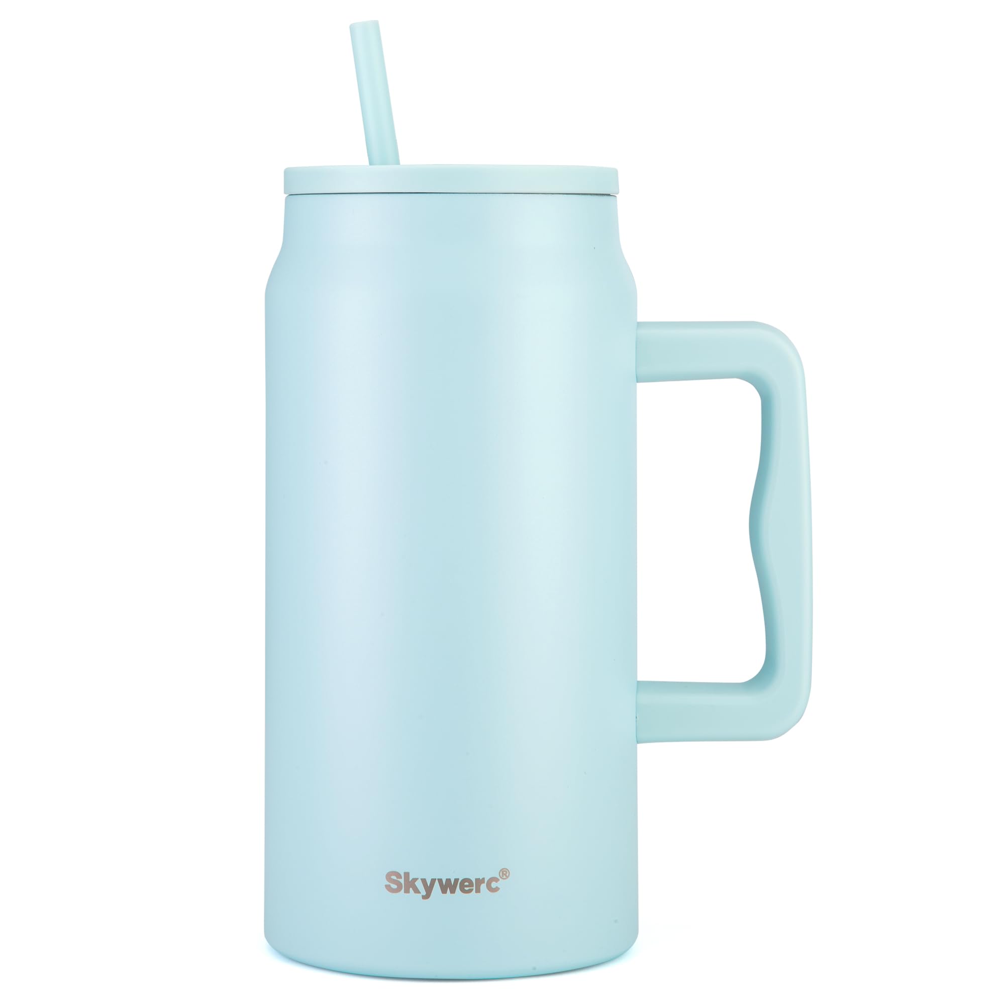 Skywerc 50 oz Tumbler with Handle, Vacuum Insulated Water Bottle with Lid and Straw, Stainless Steel Double Wall Travel Jug Coffee Mug, Keep Cold for 36H, 100% Leak-proof, Non-slip Base - Azure