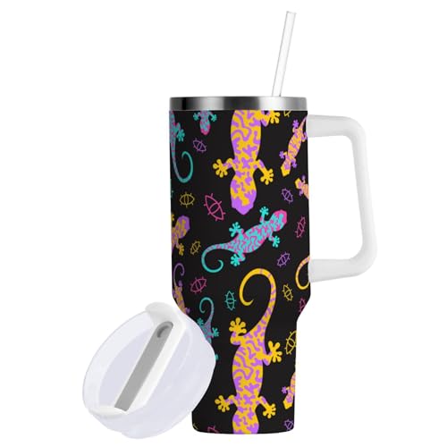 Hippie Gecko Leopard Blue Tumbler with Handle and Straw Lid, 40 oz Insulated Coffee Cup Stainless Steel Water Bottle Travel Mug Cupholder Friendly,Gifts for Women Men