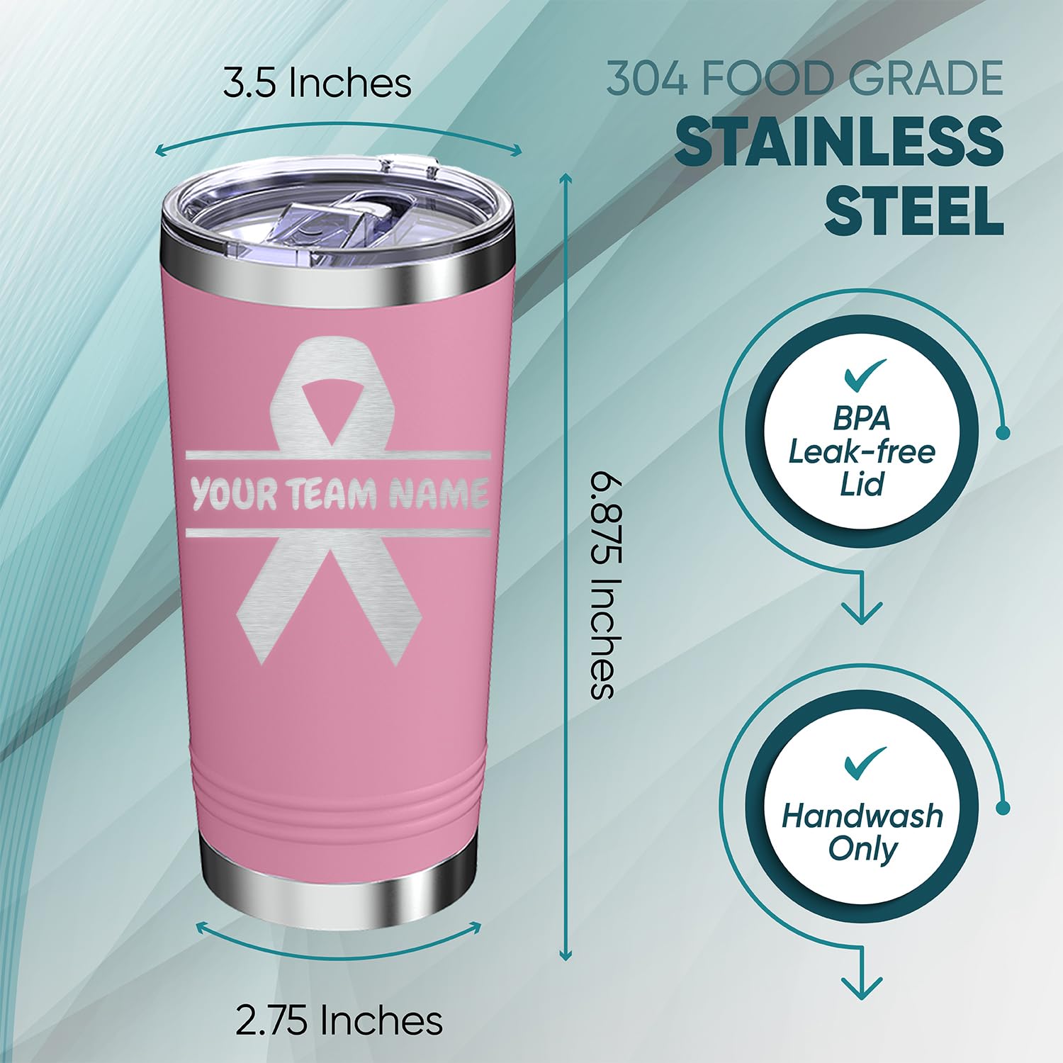 Personalized Custom Breast Cancer Ribbon Your Name Insulated Tumblers 20 oz. with Lid, Stainless Steel Cups Travel Coffee Mug (Light Pink)