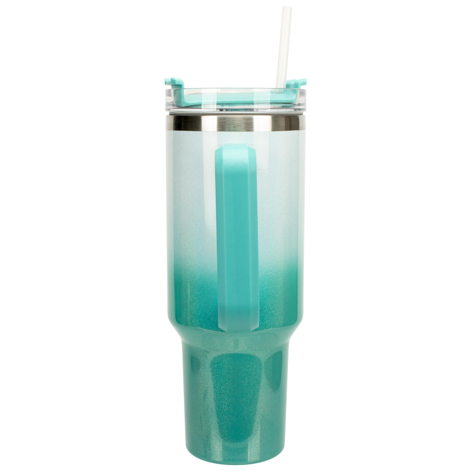 100 North | 40 oz Stainless Steel Double Wall Insulated Ombre Glitter Travel Tumbler With Handle, Straw, and Lid, I Run on Candy White/Teal