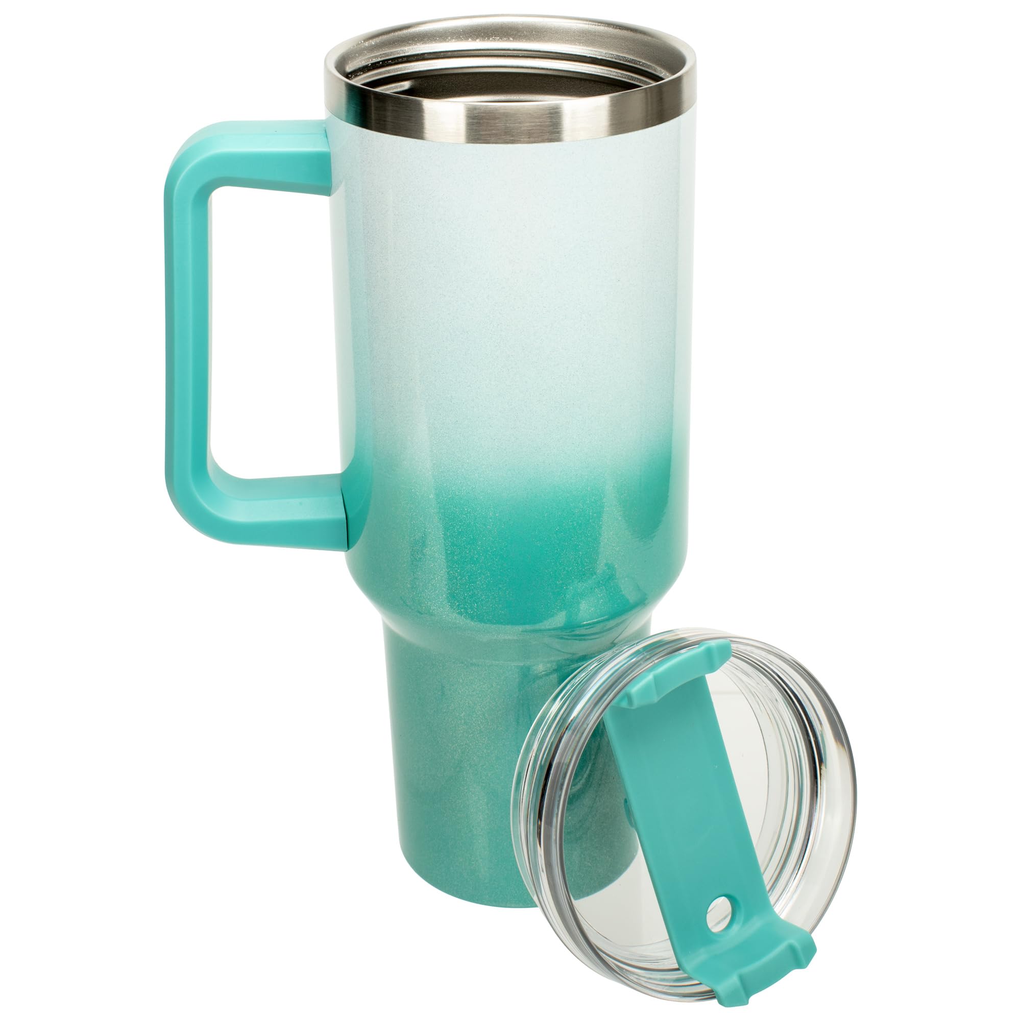 100 North | 40 oz Stainless Steel Double Wall Insulated Ombre Glitter Travel Tumbler With Handle, Straw, and Lid, I Run on Candy White/Teal