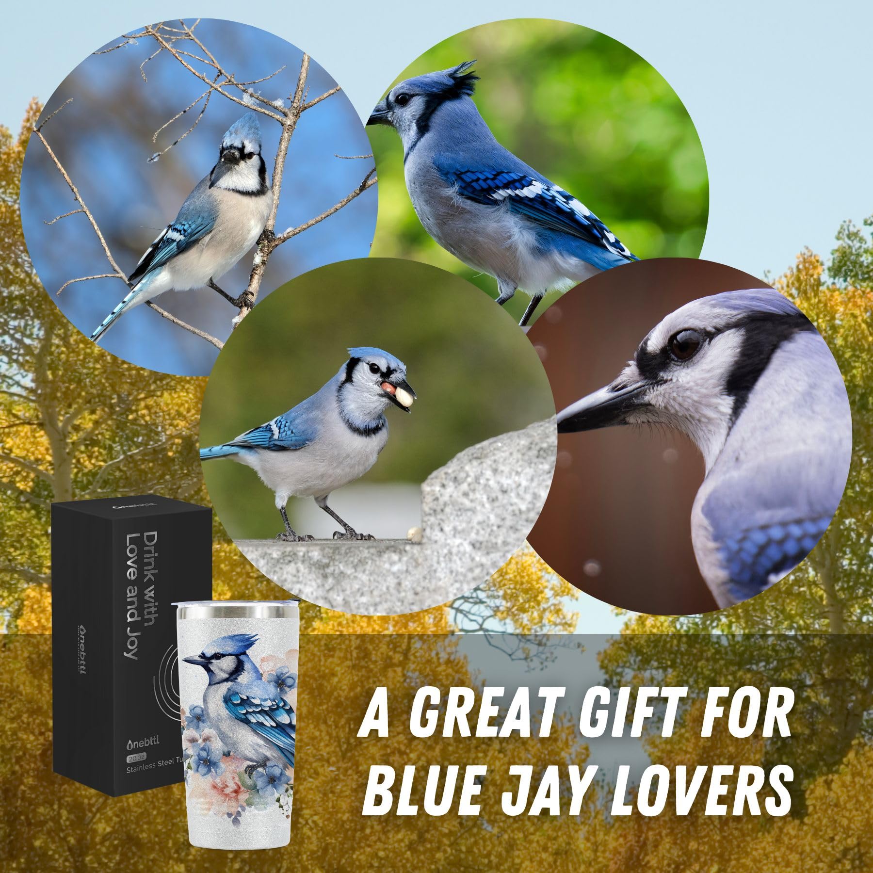 Onebttl Blue Jay Gifts Tumbler Travel Coffee Mug, Stainless Steel Insulated with Lid 20oz/590ml