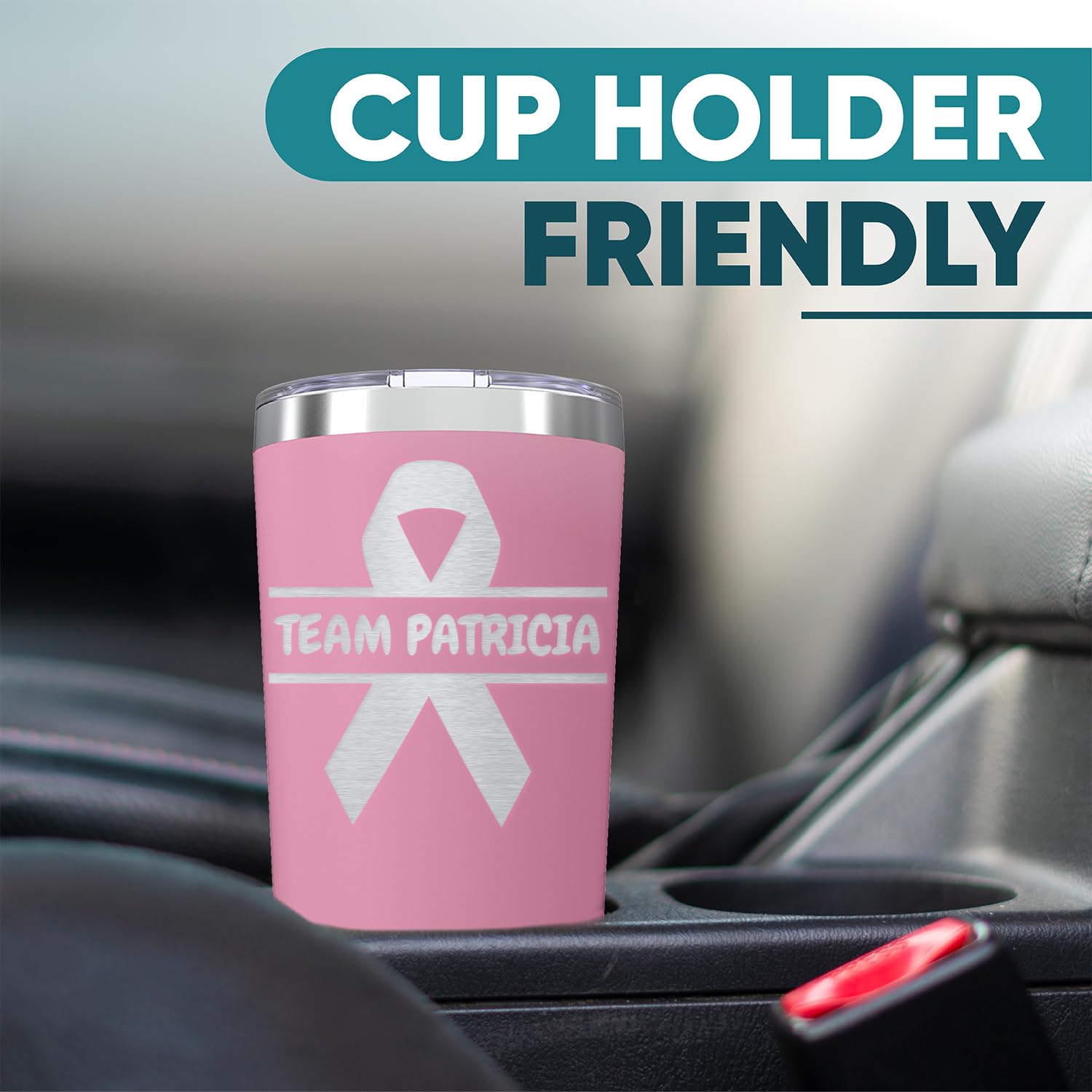 Personalized Custom Breast Cancer Ribbon Your Name Insulated Tumblers 20 oz. with Lid, Stainless Steel Cups Travel Coffee Mug (Light Pink)