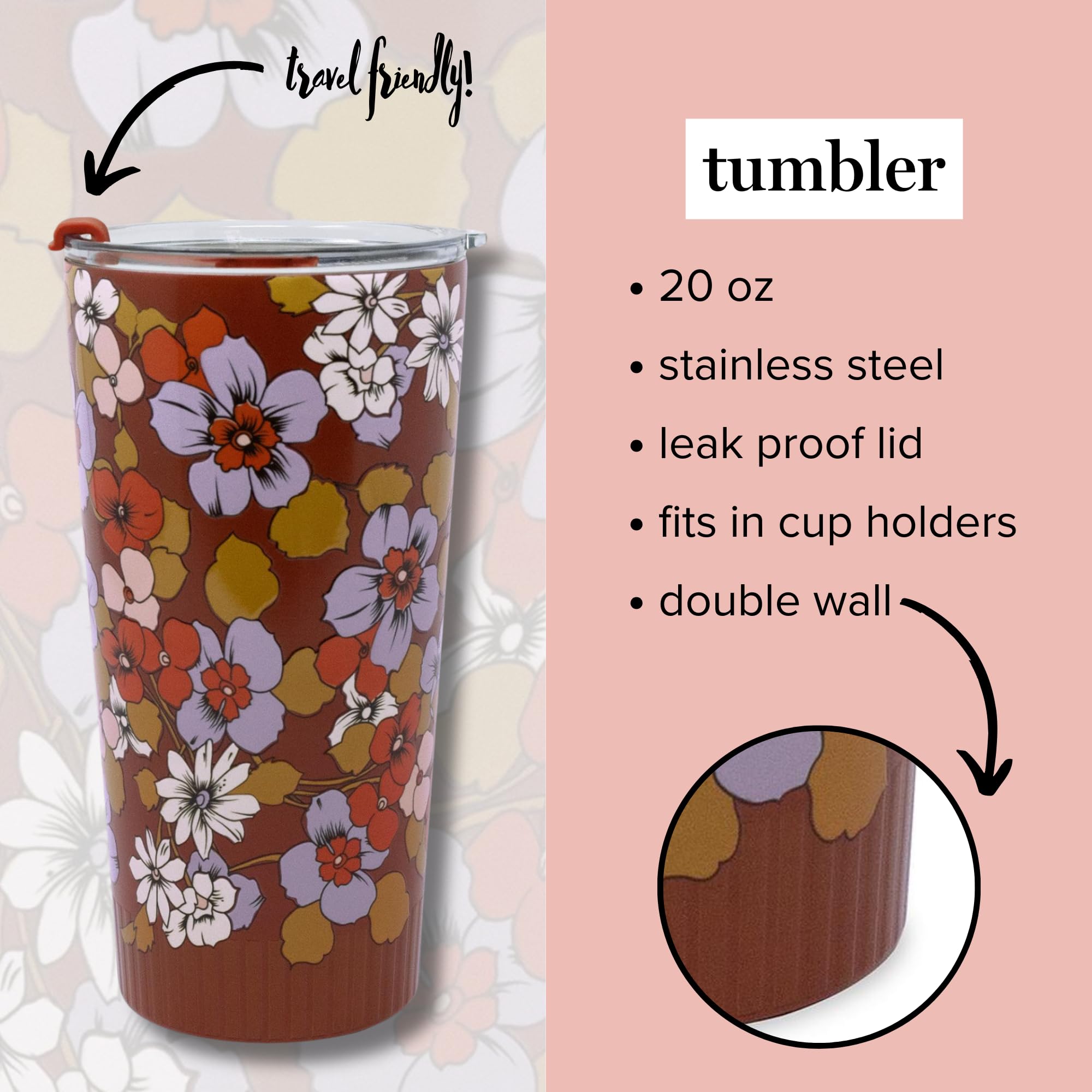 Vera Bradley 20 oz Thermal Mug, Stainless Steel Insulated Travel Cup, Double Wall Tumbler with Lid (Trillium)