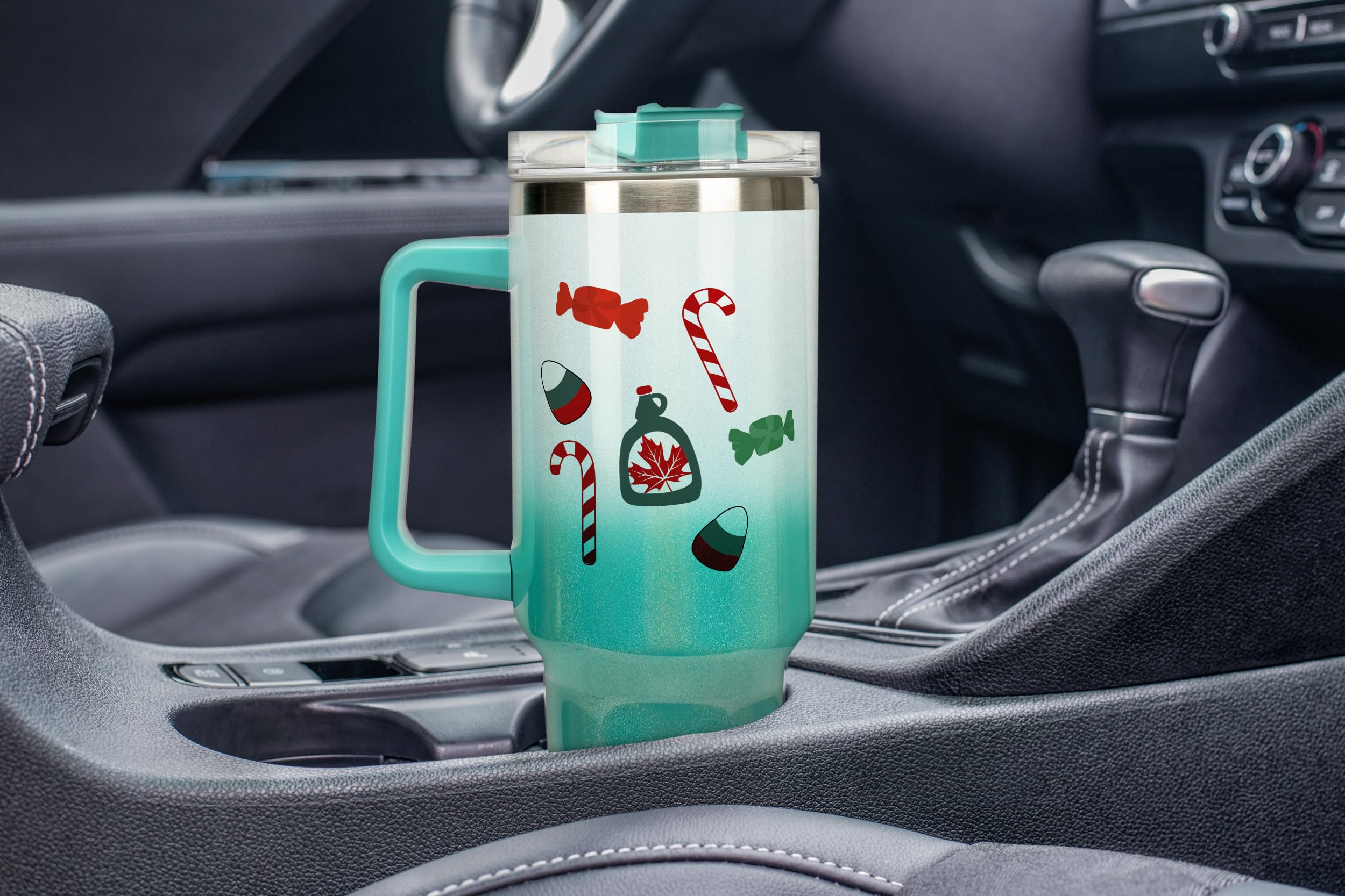 100 North | 40 oz Stainless Steel Double Wall Insulated Ombre Glitter Travel Tumbler With Handle, Straw, and Lid, I Run on Candy White/Teal
