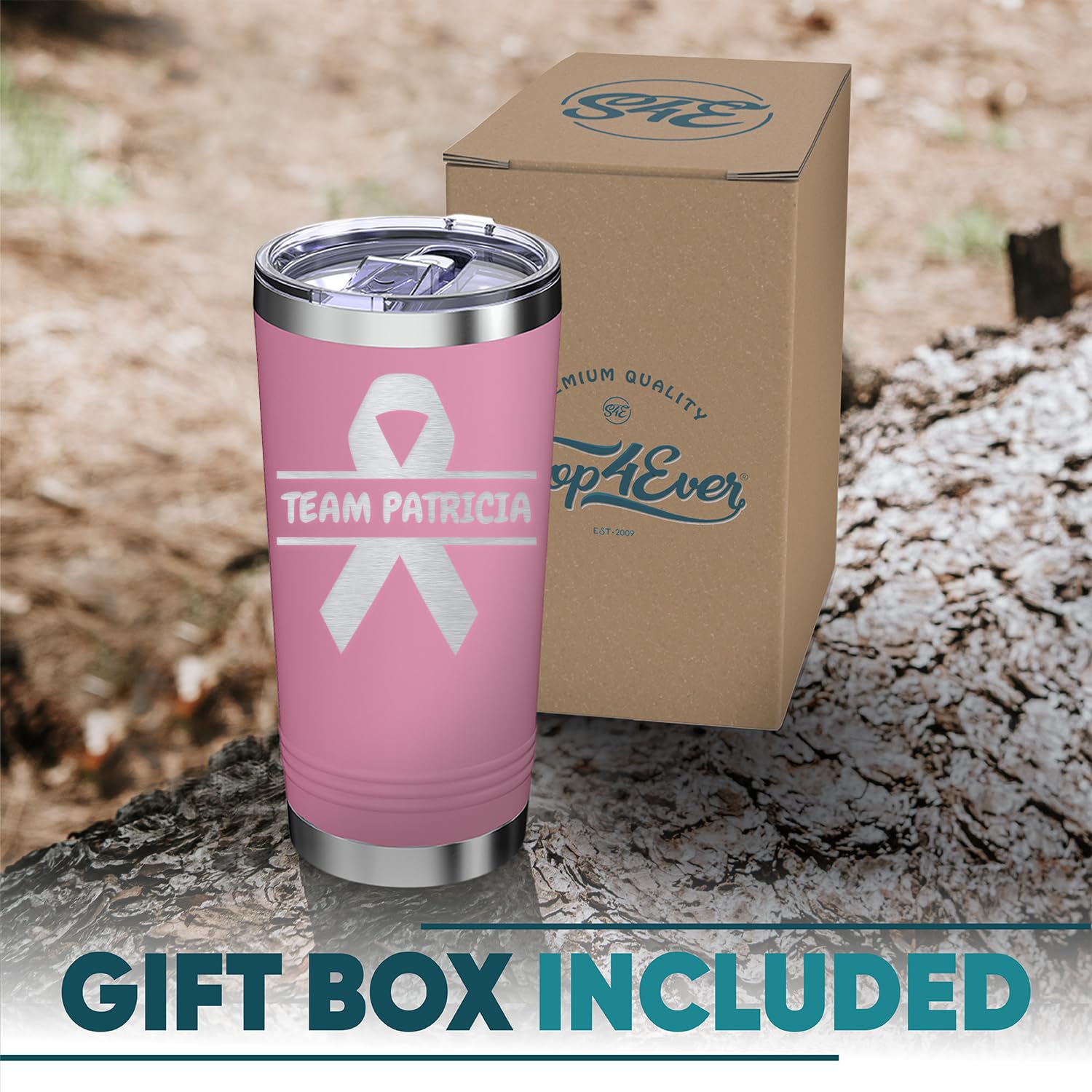 Personalized Custom Breast Cancer Ribbon Your Name Insulated Tumblers 20 oz. with Lid, Stainless Steel Cups Travel Coffee Mug (Light Pink)