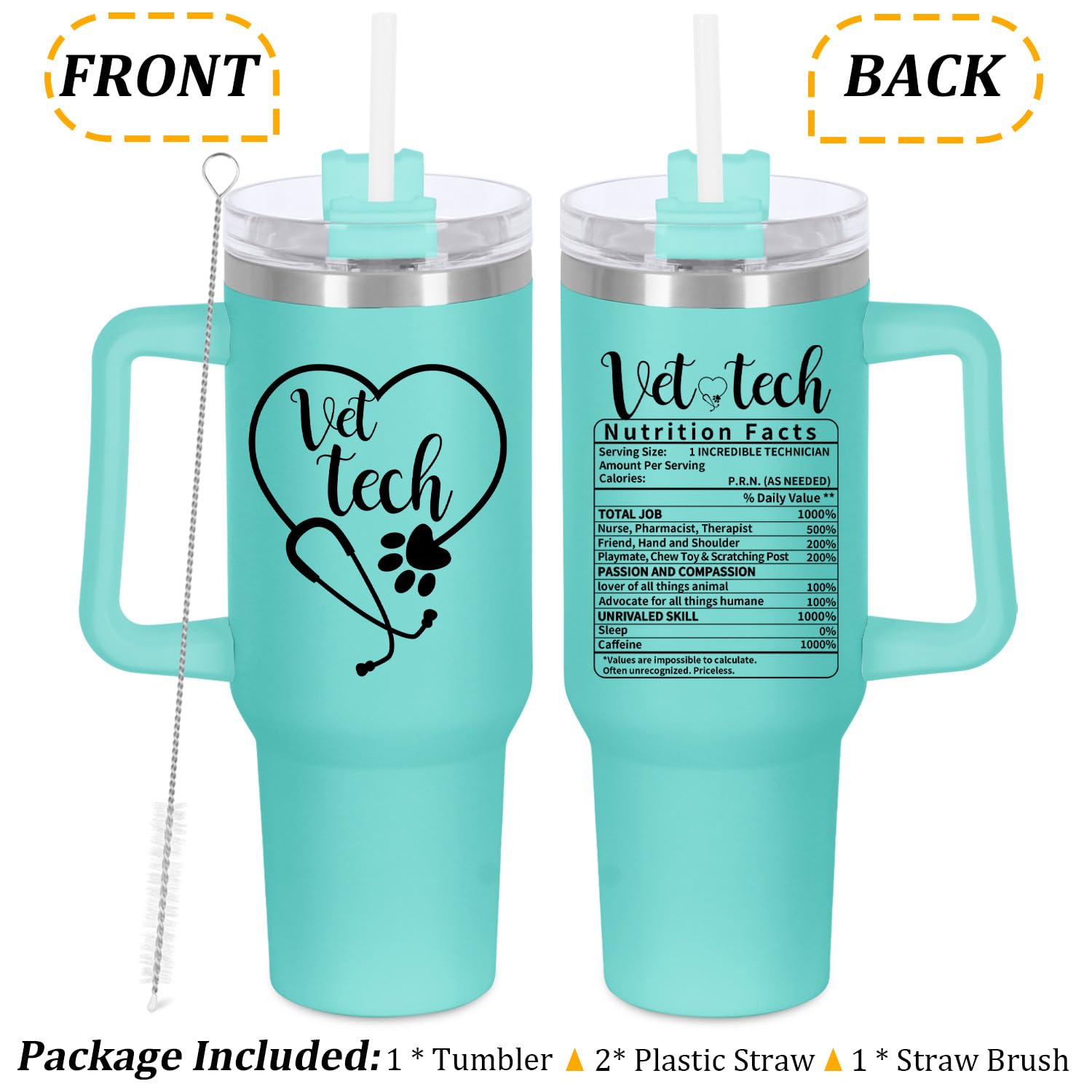 Muwnrol Vet Tech Gift Tumbler, Vet Tech Week Gift for Veterinarian, Veterinary Gift Vet Tech Nurtrition Fact 40 Oz Tumbler with Handle