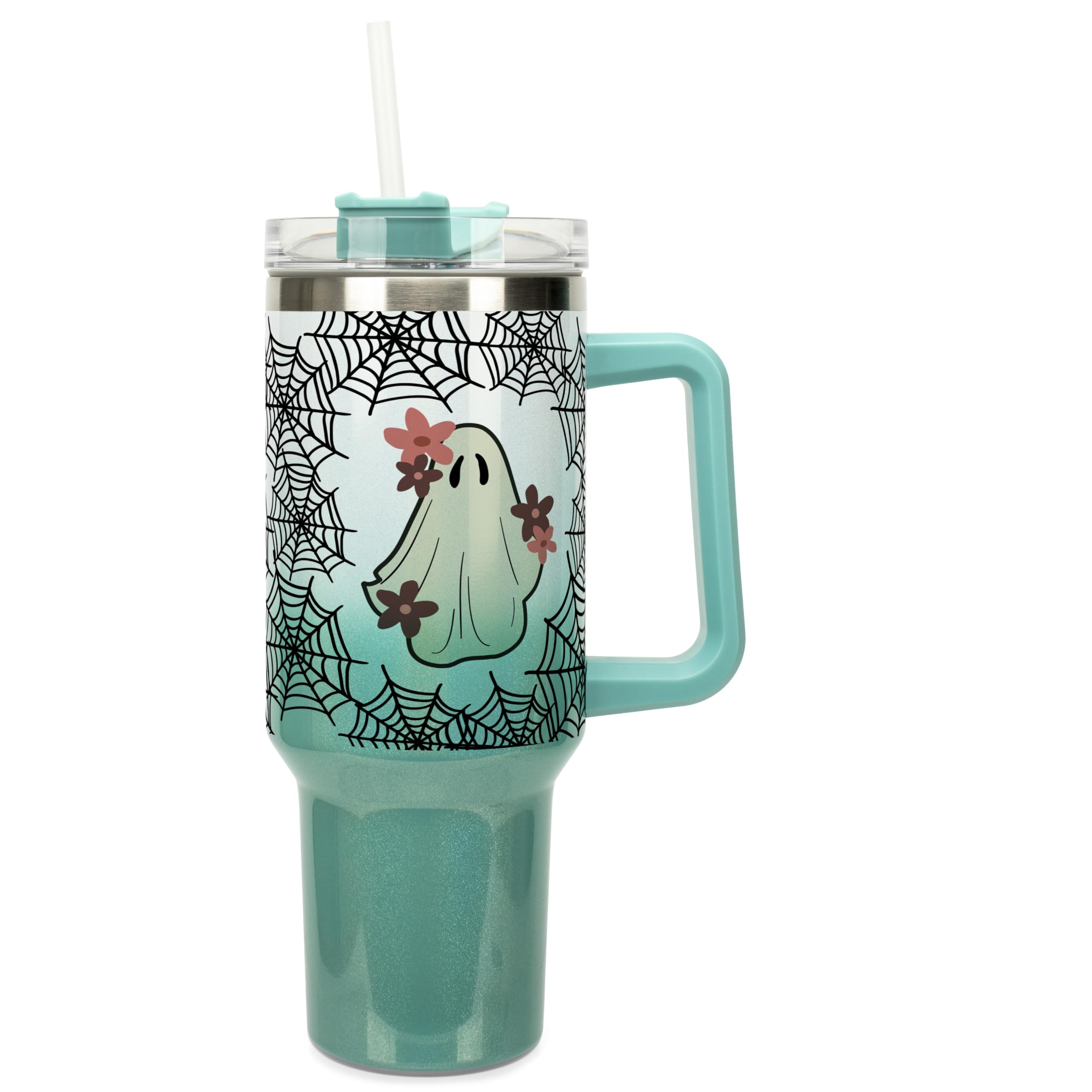 100 North | 40 oz Stainless Steel Double Wall Insulated Ombre Glitter Travel Tumbler With Handle, Straw, and Lid, Spider Web Ghost Flowers White/Teal