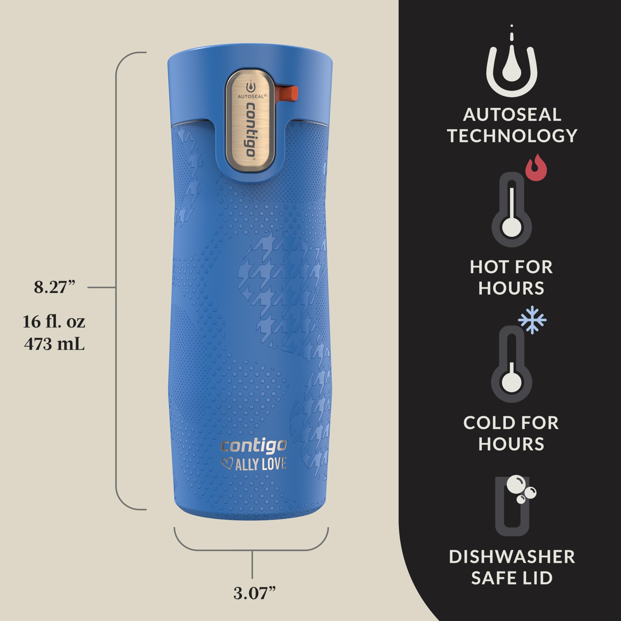 Contigo x Ally Love Stainless Steel Vacuum-Insulated Travel Mug with Autoseal and Easy Clean Lid, Spill-proof, Keeps Drinks cold 24 hrs & hot for 11 hrs, BPA Free, 16oz., West Loop 3.0, Stellar Jay