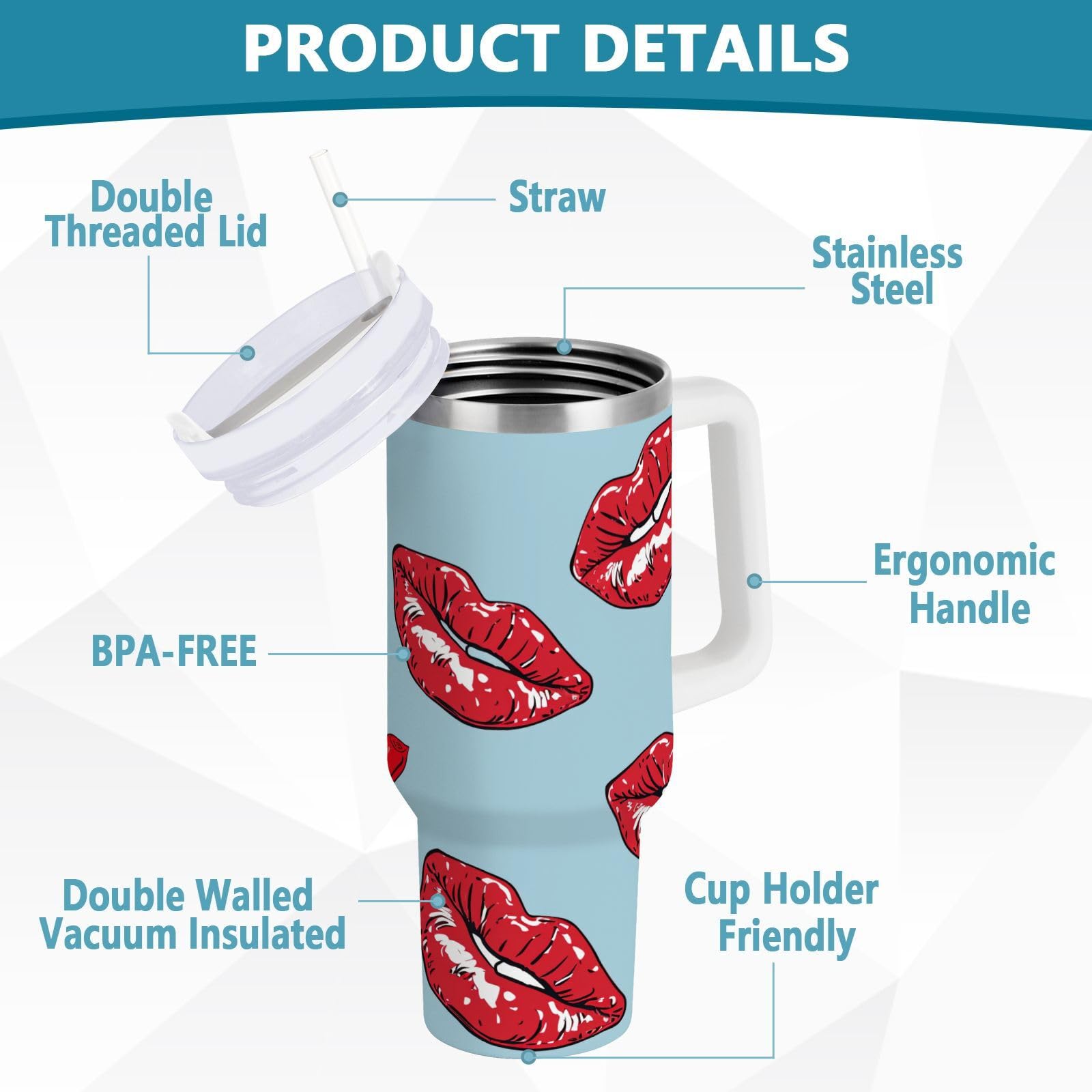 ALAZA Red Lips Lipstick 40 oz Tumbler Stainless Steel Water Bottle Vacuum Insulated Cup with Straw Lid & Handle For Travel Car Cup Holder