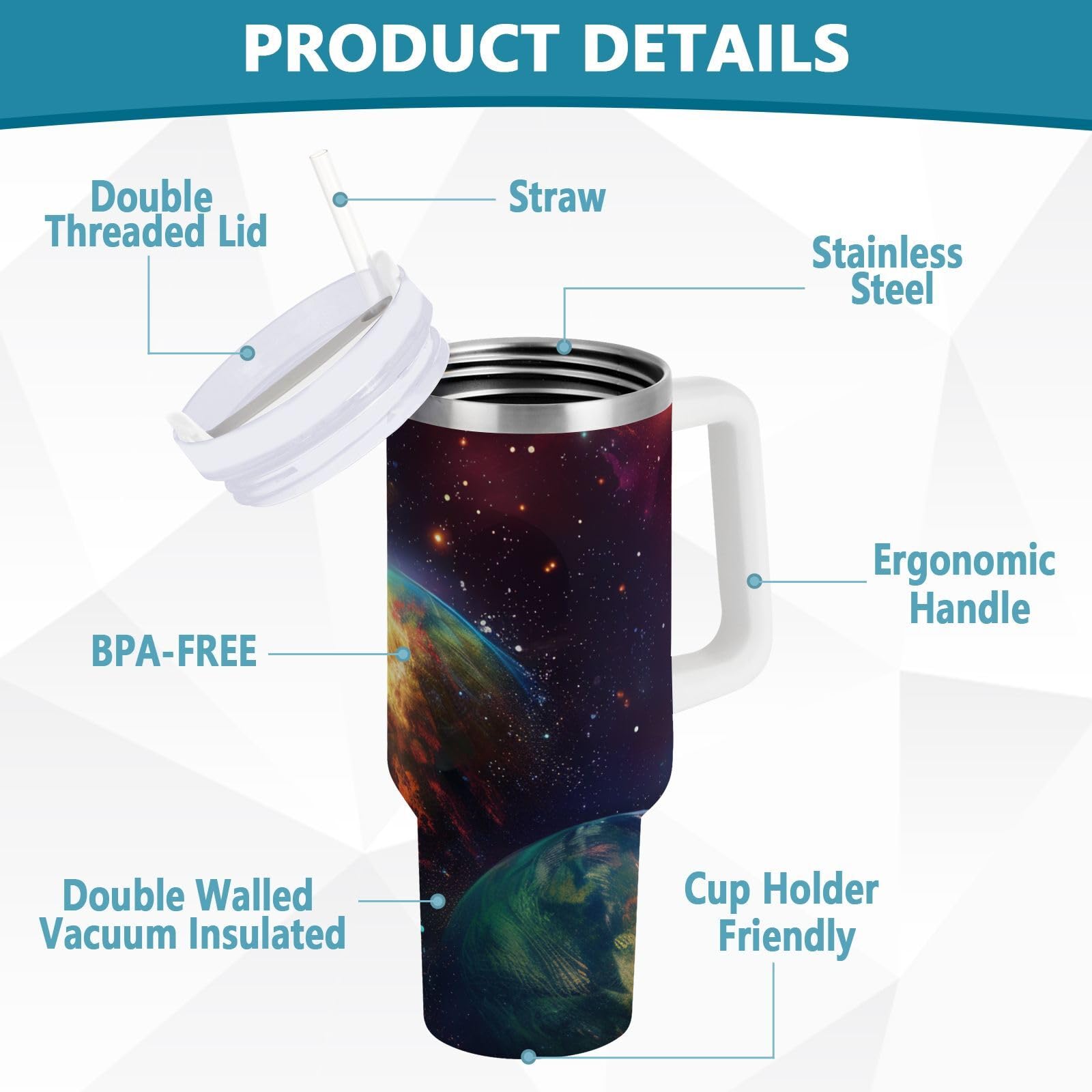 ALAZA Space Planets Nebula 40 oz Tumbler Stainless Steel Water Bottle Vacuum Insulated Cup with Straw Lid & Handle For Travel Car Cup Holder
