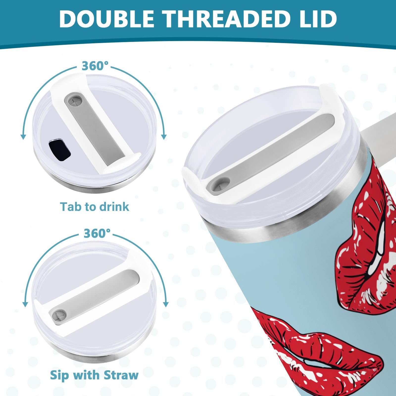ALAZA Red Lips Lipstick 40 oz Tumbler Stainless Steel Water Bottle Vacuum Insulated Cup with Straw Lid & Handle For Travel Car Cup Holder