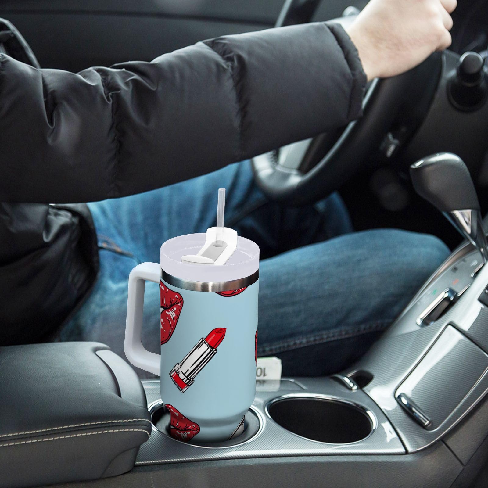 ALAZA Red Lips Lipstick 40 oz Tumbler Stainless Steel Water Bottle Vacuum Insulated Cup with Straw Lid & Handle For Travel Car Cup Holder
