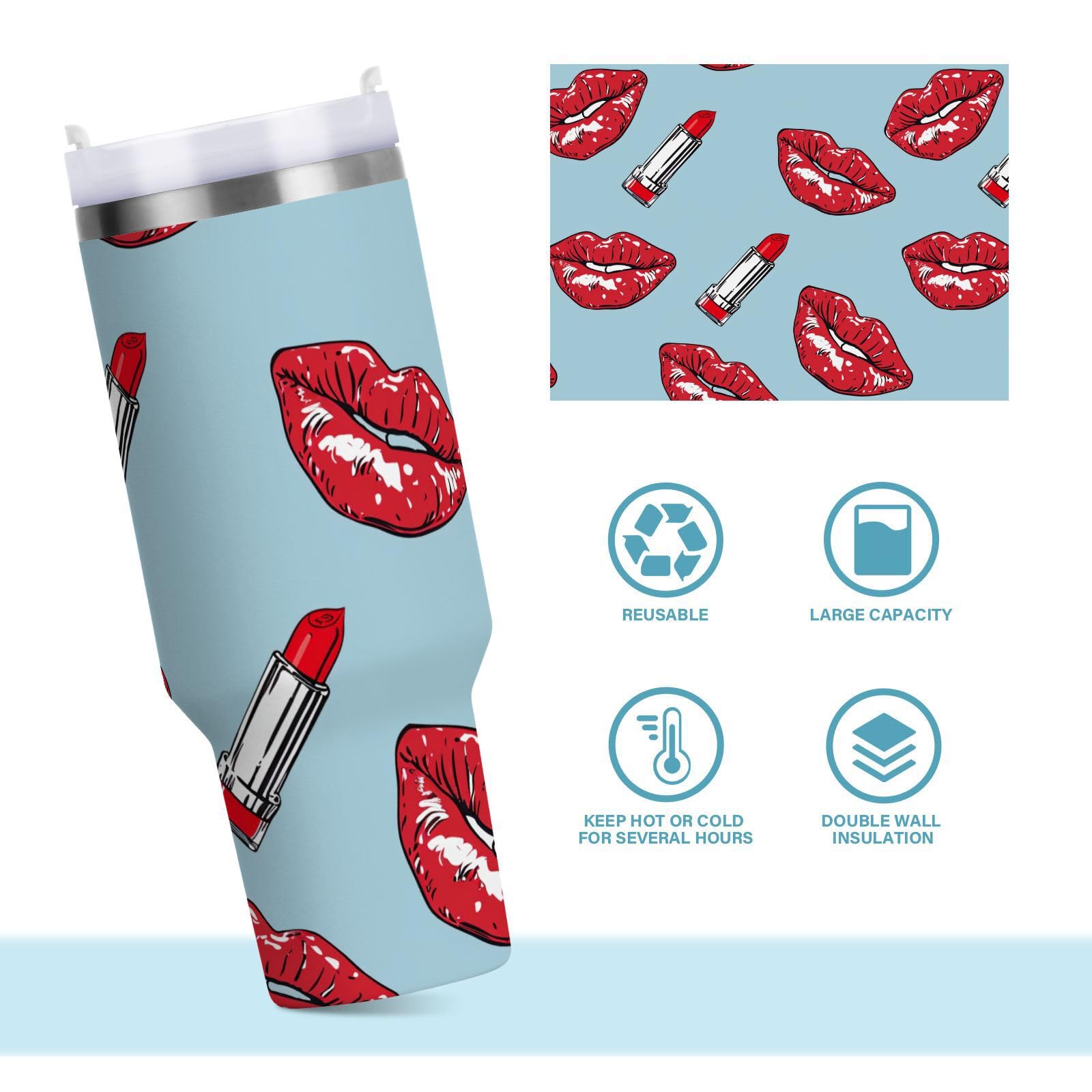 ALAZA Red Lips Lipstick 40 oz Tumbler Stainless Steel Water Bottle Vacuum Insulated Cup with Straw Lid & Handle For Travel Car Cup Holder