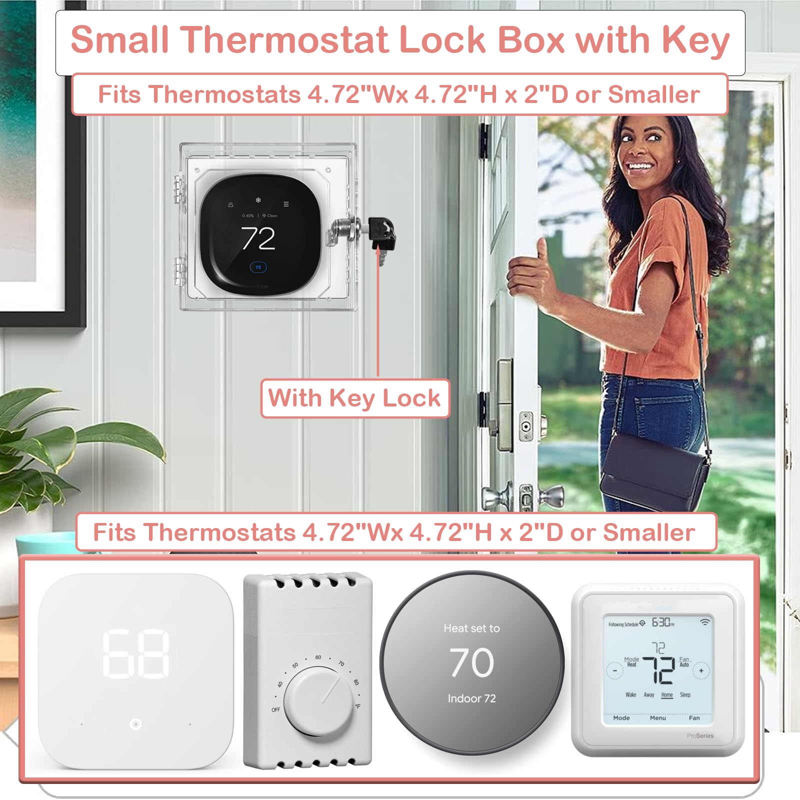 PKLIYH Universal Small Thermostat Lock Box-Thermostat Cover with Key Clear Small Thermostat Guard Fit All Ecobee,Google,Nest Thermostat on Wall 4.72''*4.72''*2'' or Smaller