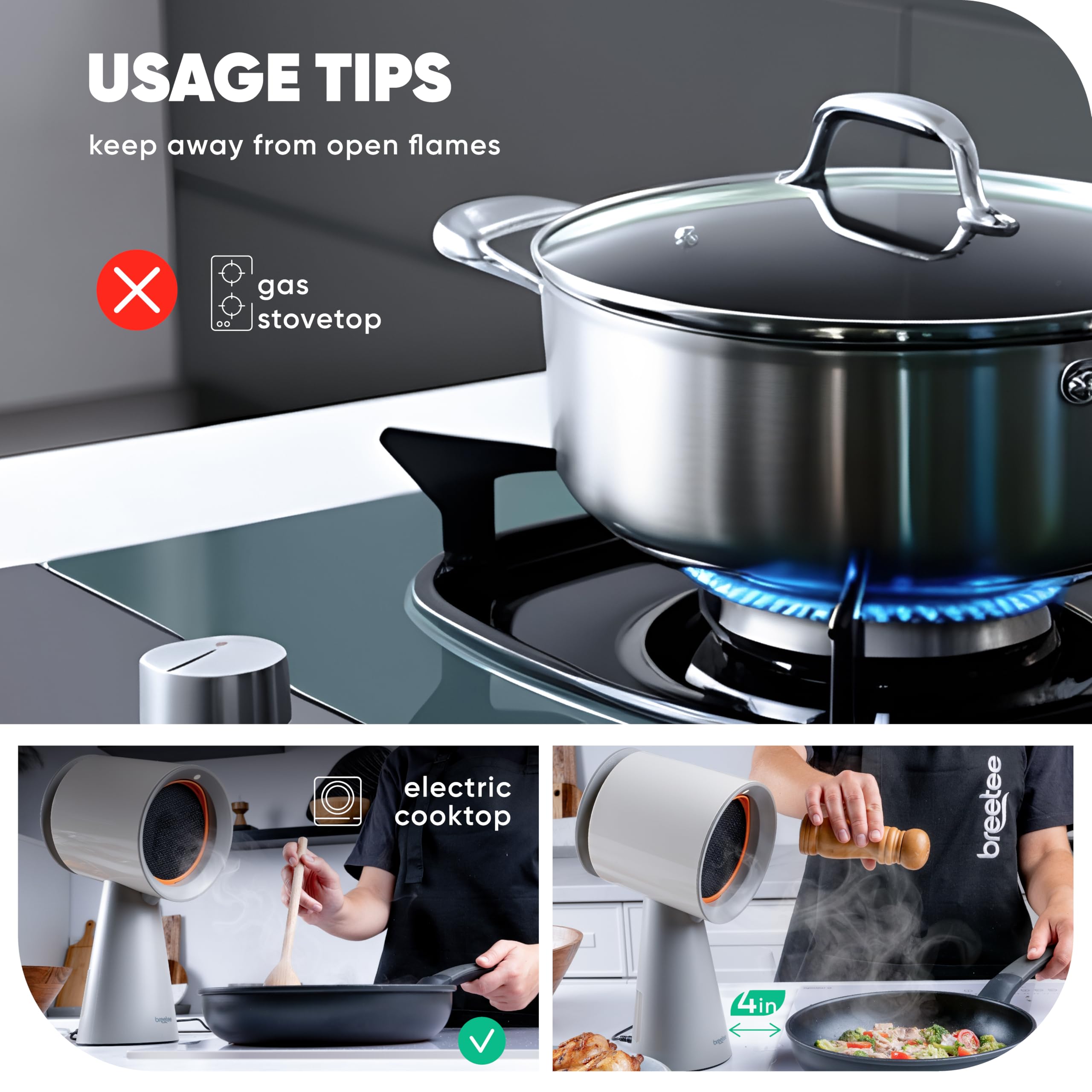Breetee Portable Range Hood Kitchen - Powerful 3-Speed Suction Desktop Compact Range Hood with 2 Double Filter - Original Low Noise Kitchen Exhaust Fan with 2 Carbon Filters, Large Oil Collection Cup