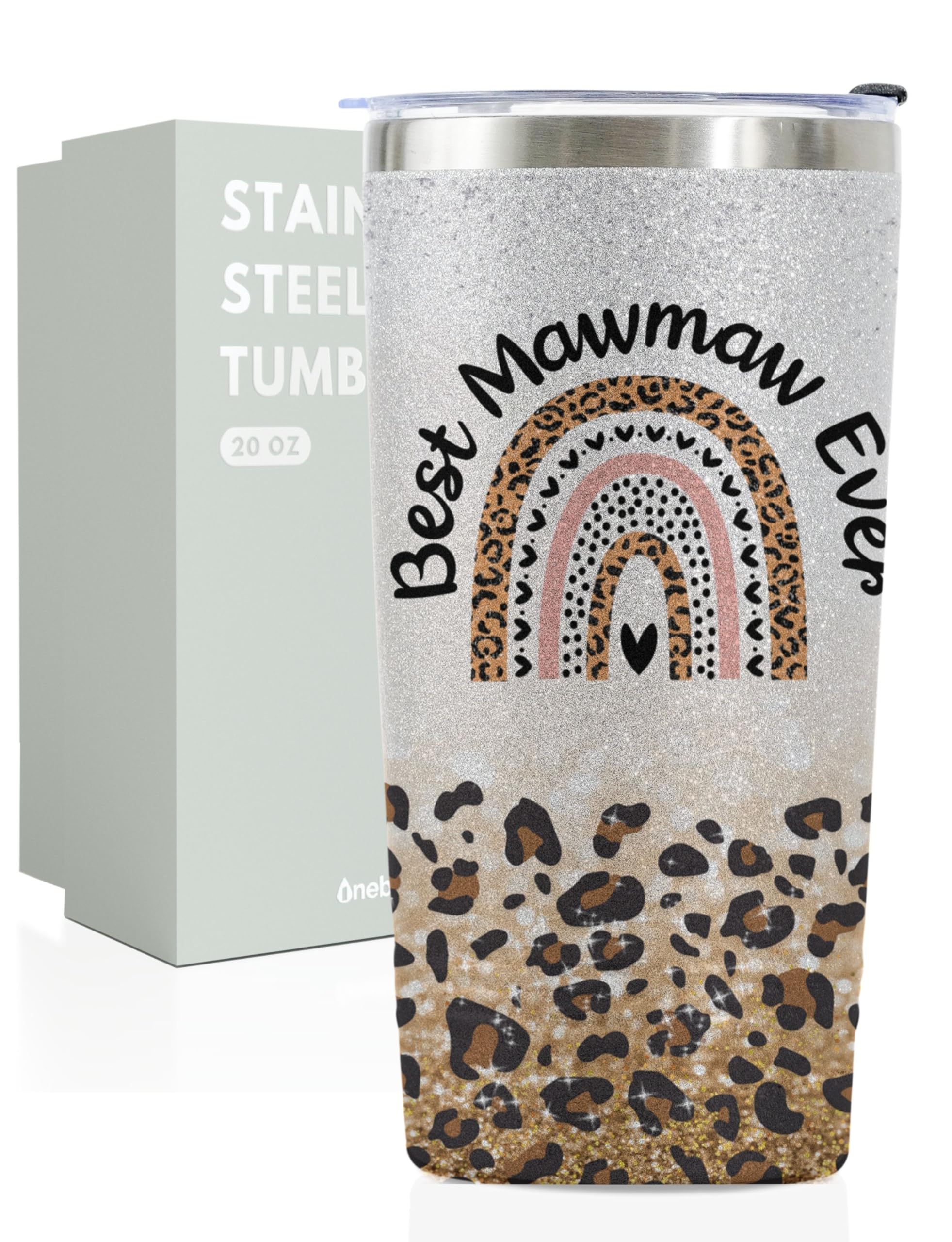 Onebttl Mawmaw Gifts from Granddaughter, Grandson, Insulated Stainless Steel Wine Tumbler with Lid and Straw, for Grandma on Mother's Day, Birthday, Christmas, Best Mawmaw Ever, Glitter Silver, 20 oz