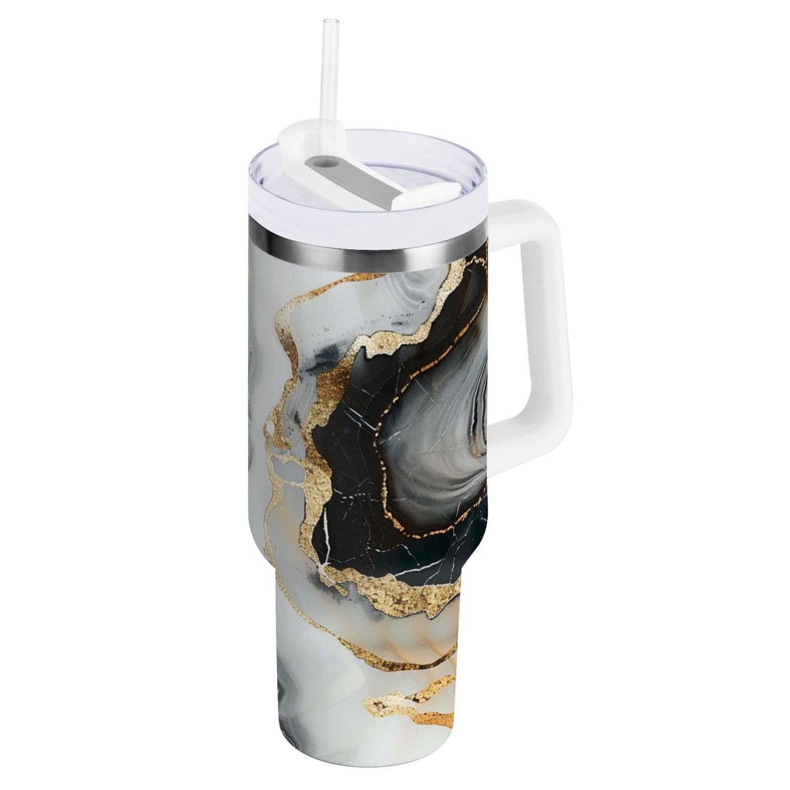 ALAZA Marble Black & Gold 40 oz Tumbler Stainless Steel Water Bottle Vacuum Insulated Cup with Straw Lid & Handle For Travel Car Cup Holder