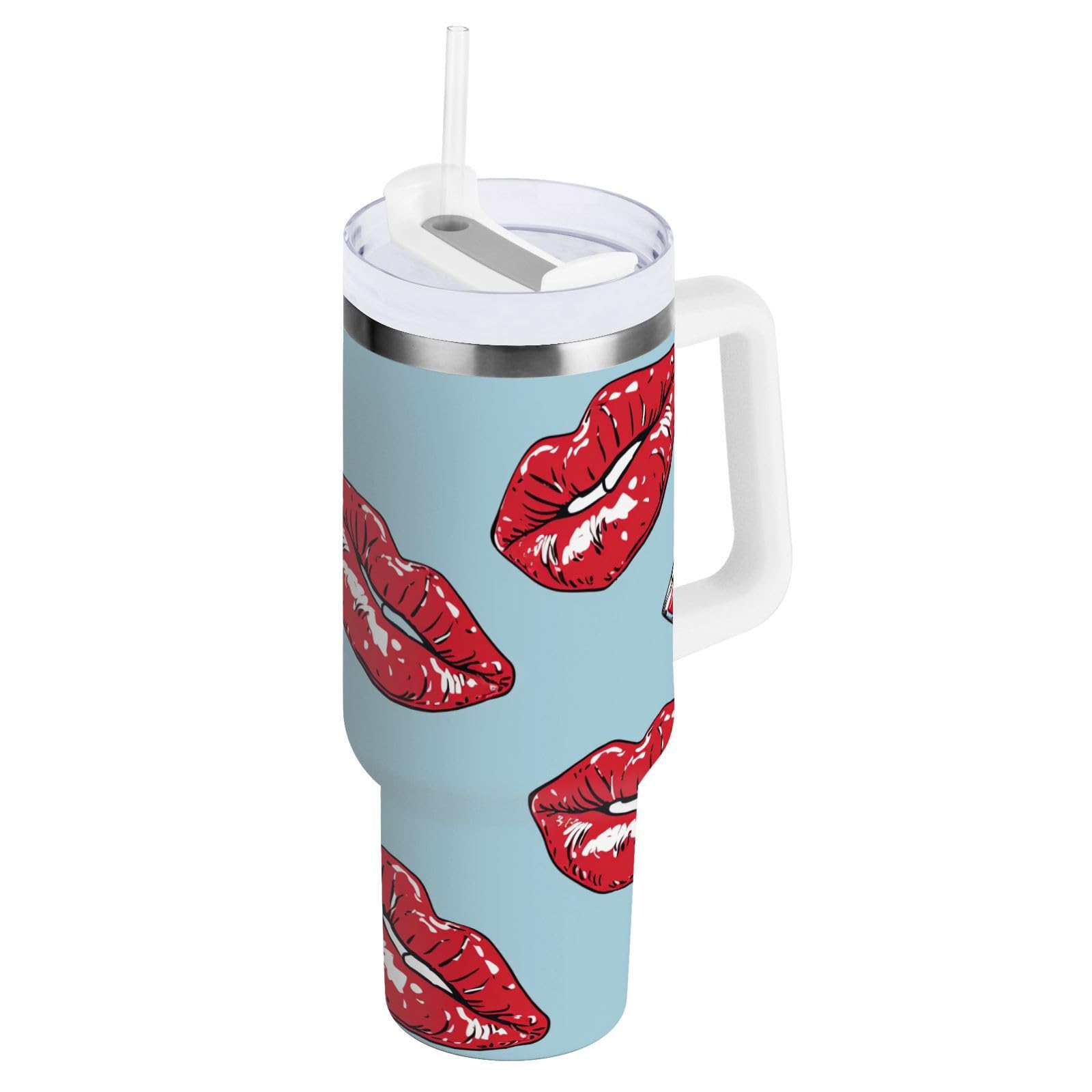 ALAZA Red Lips Lipstick 40 oz Tumbler Stainless Steel Water Bottle Vacuum Insulated Cup with Straw Lid & Handle For Travel Car Cup Holder