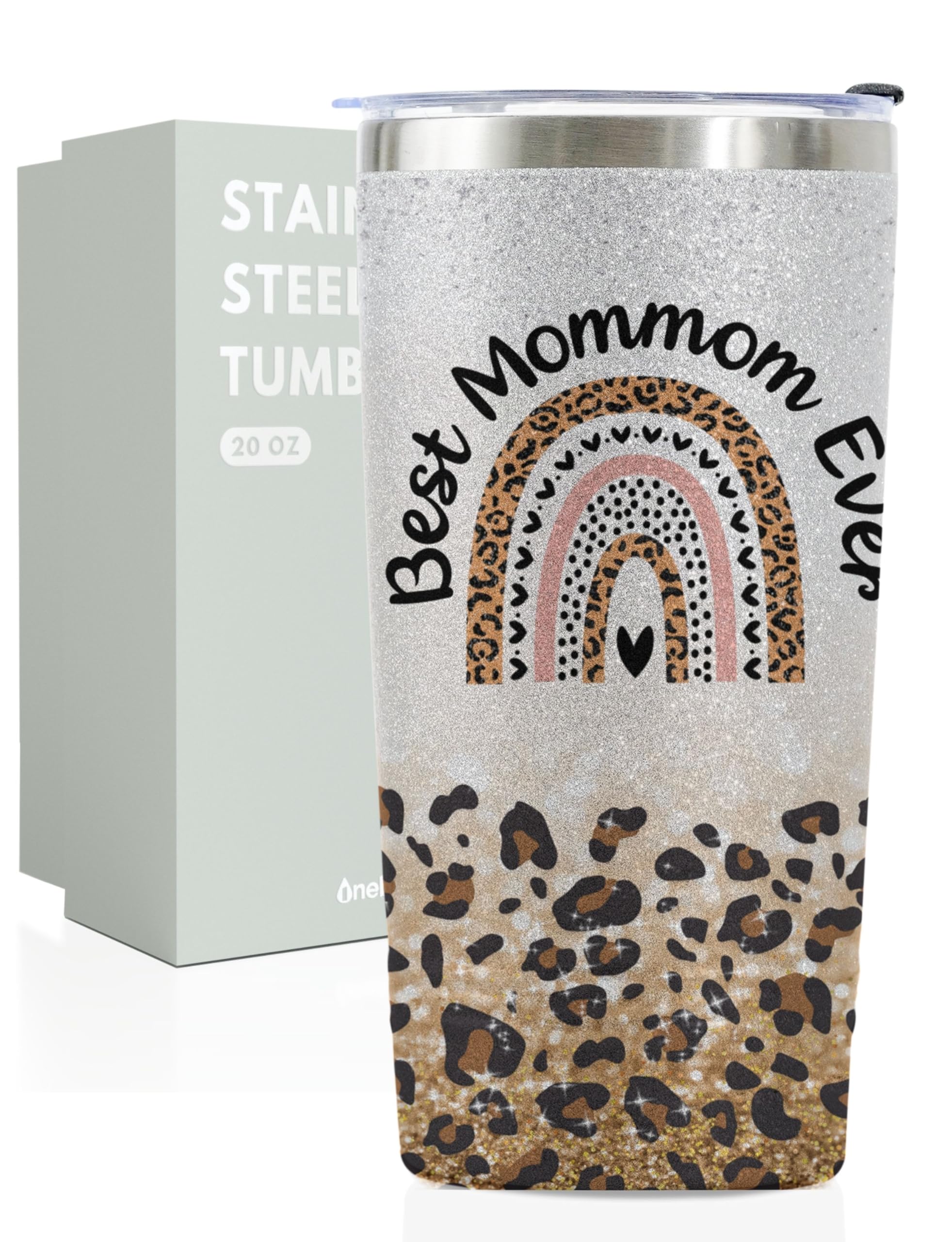 Onebttl Mommom Gifts from Granddaughter, Grandson, Insulated Stainless Steel Wine Tumbler with Lid and Straw, for Grandma on Mother's Day, Birthday, Christmas, Best Mommom Ever, Glitter Silver, 20 oz